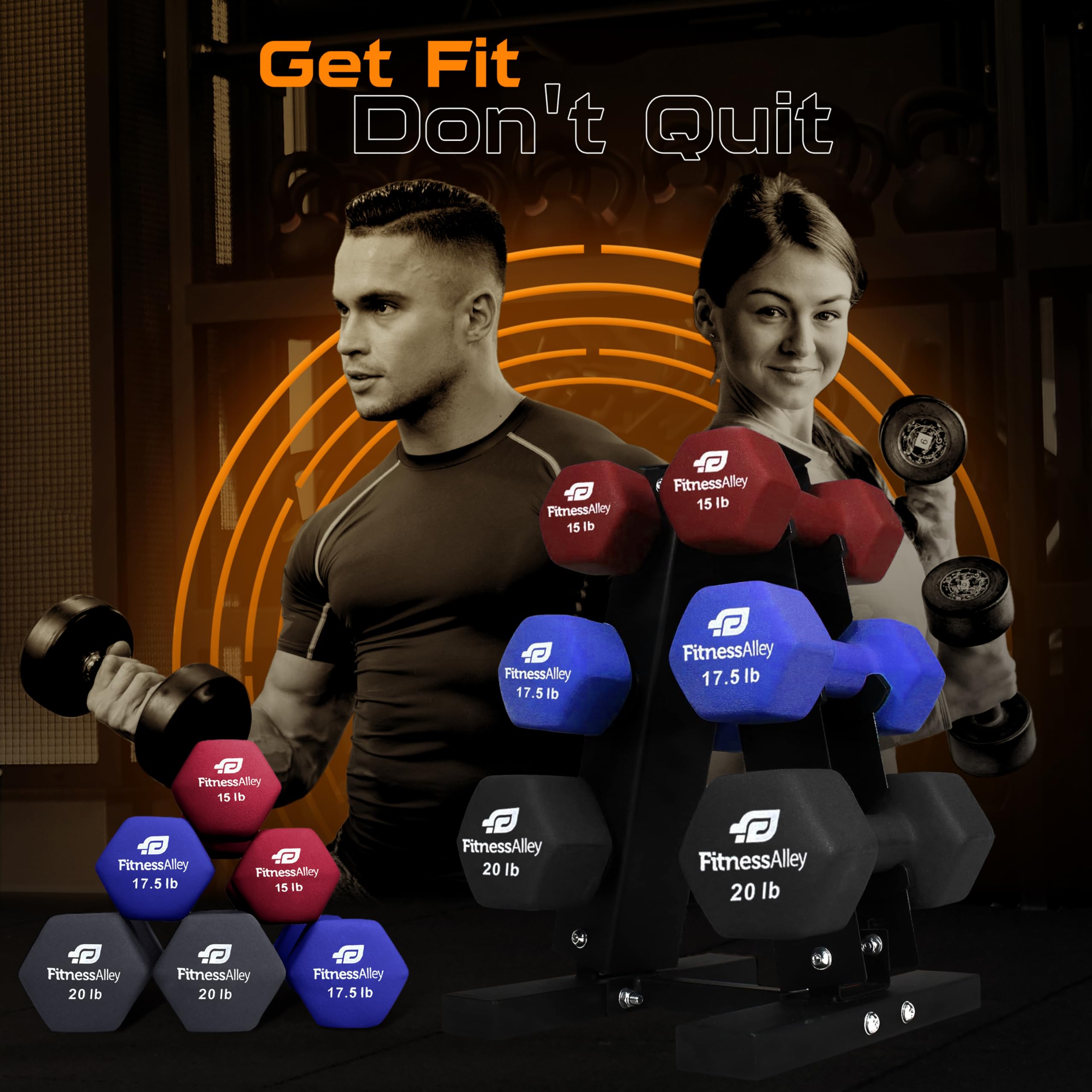 Fitness Alley Neoprene Dumbbells A Frame Rack - Free Weights Hex Hand Weights - Gym Exercise 5 Pairs Set (3lb, 5lb, 8lb, 10lb, 12lb) with 5 Tier Rack