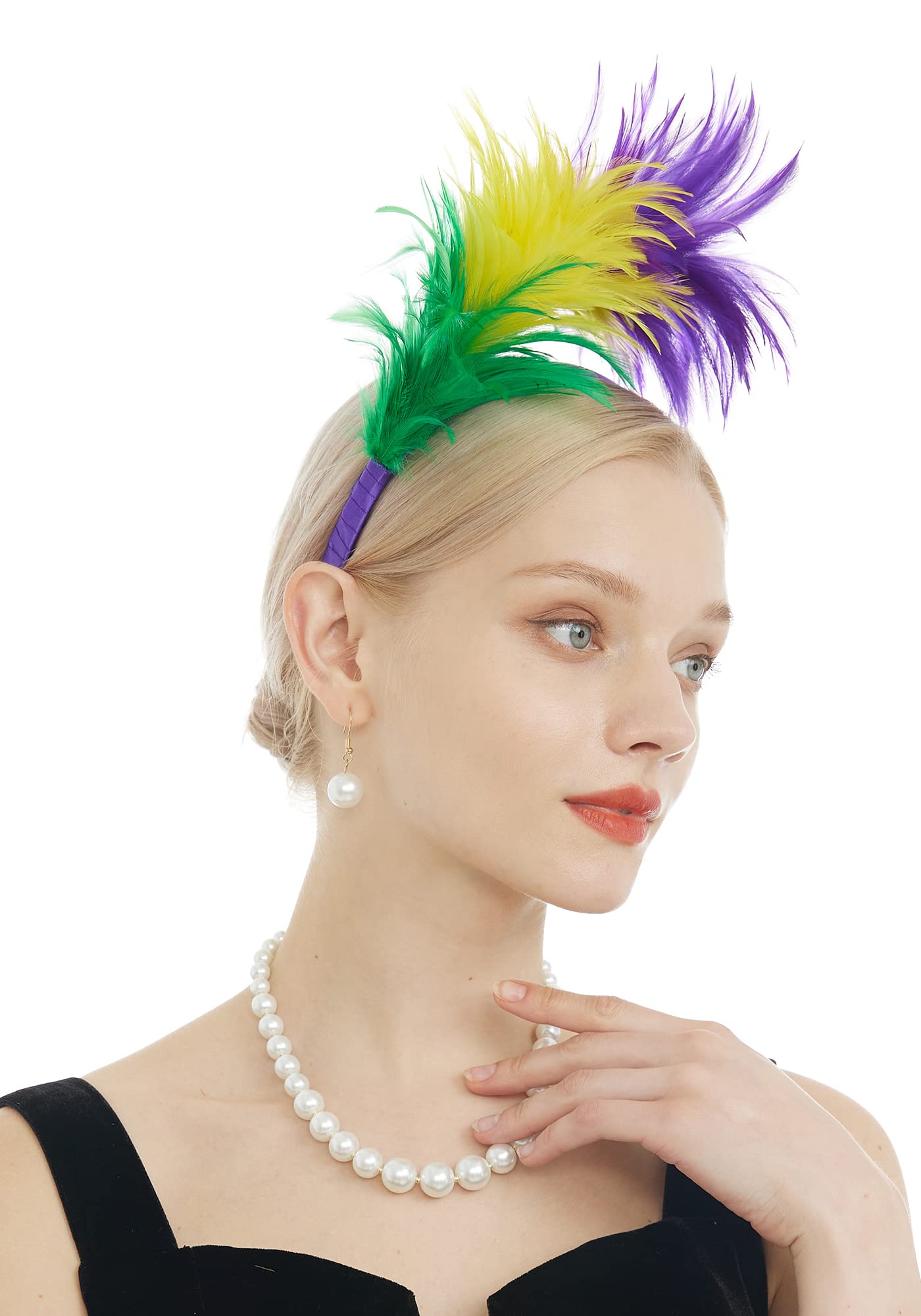 FELIZHOUSE 1920s Fascinator with Feathers Headband for Women Wedding Tea Party Headwear (Mardi Gras Purple)