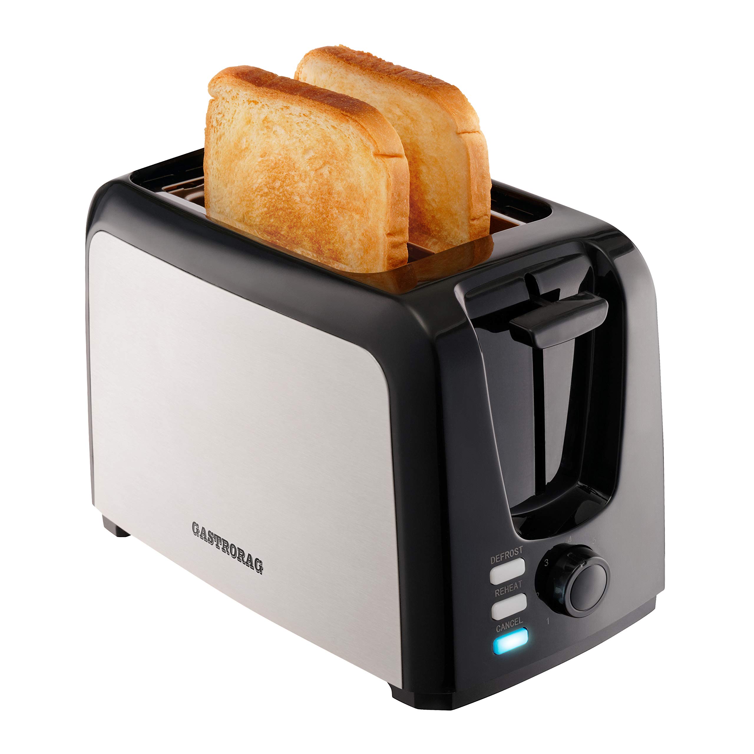 Gastrorag 2 Slice Toaster – Wide Slot Stainless Steel Toaster with 7 Bread Shade Settings, Reheat/Defrost/Cancel Functions, Removable Crumb Tray, Cool Touch & Easy Clean, Black/Silver