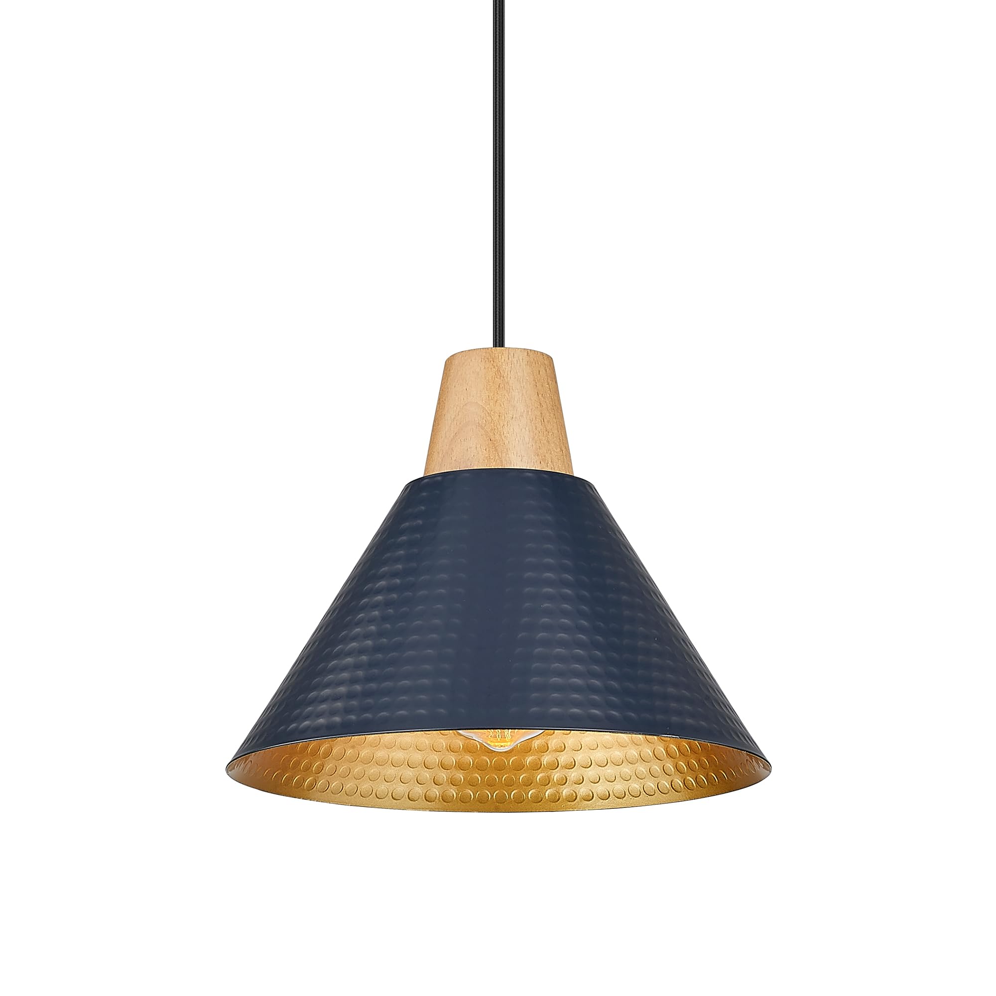 FEMILA Solid Wood Pendant Light fixtures, Pendant Lights Kitchen Island, 10" Blue Pendant Light with Hammered Metal Shade, Gold Inside, 4FG59MIL-L BL+WD