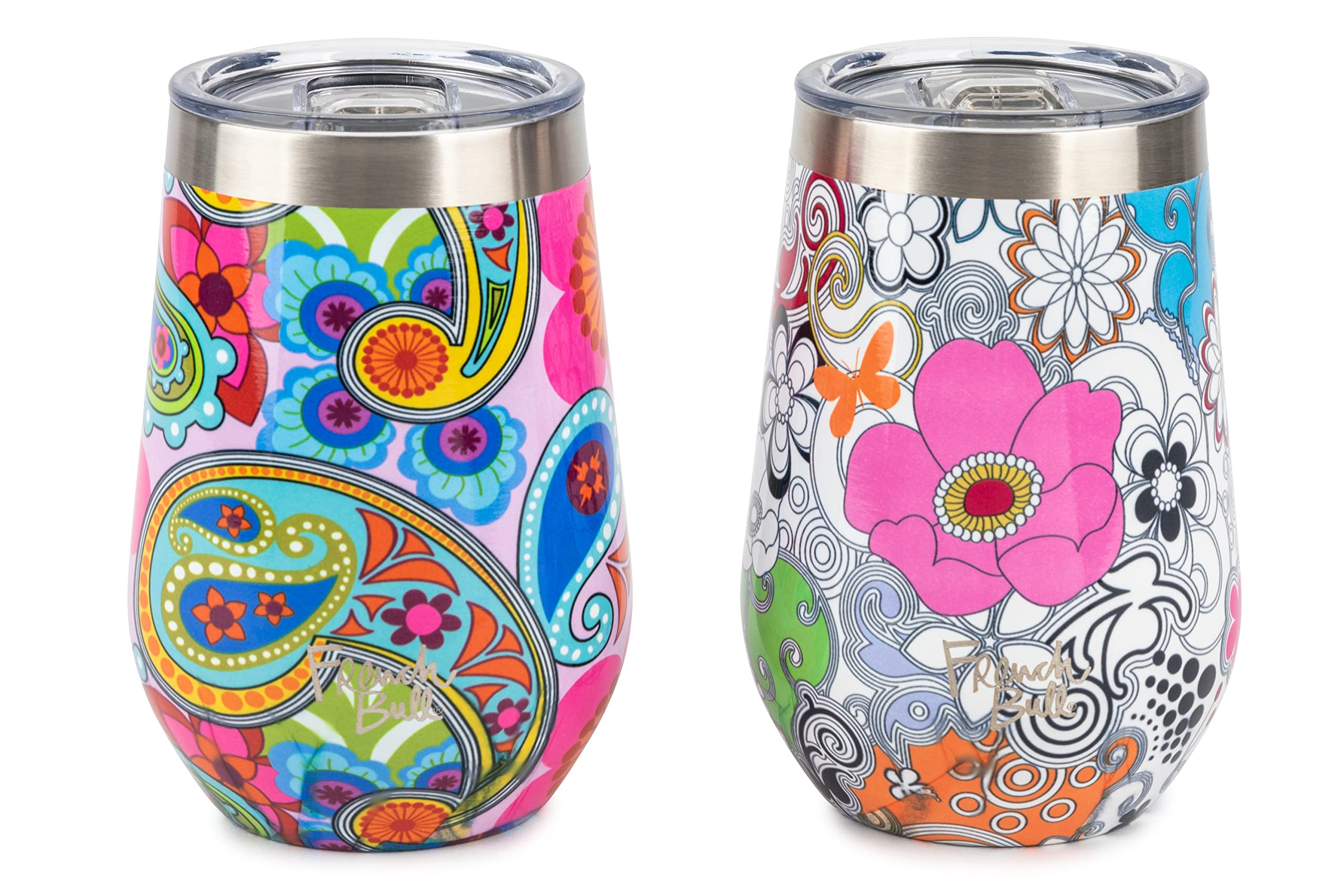 French Bull 12oz Wine Tumbler with Lid 2 Piece Gift Set, Double Wall Vacuum Insulated Stainless Steel Wine Glasses, Keep Drinks Cold For Hours, Stemless Portable Wine Glass - Raj/Delight