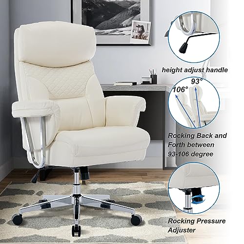 Ergonomic White Office Chair,PU Leather Desk Chair with Wheels,Adjustable Computer Chair,Swivel Task Executive Chair with Lumbar Support&Adjustable Rock Back Tension,Seat Height: 20.49"-23.64"