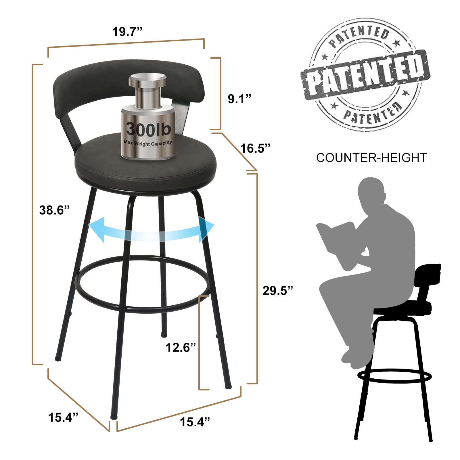 FERFALDER Bar Stools Set of 2-Metal Stools for Kitchen Counter PU Leather Barstools Swivel Bar Chairs for Dining Cafe,Metal Footrest,24” Grey