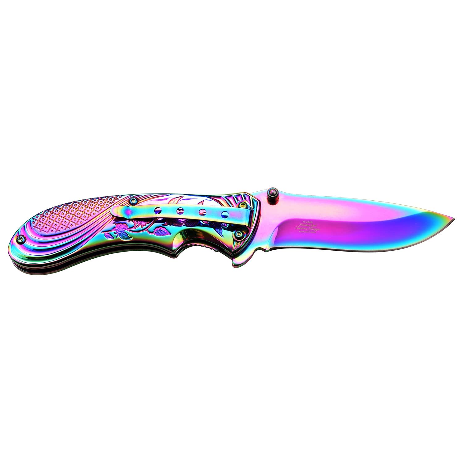 FEMME FATALE β Spring Assisted Open Folding Pocket Knife β Rainbow TiNite Coated Stainless Steel Blade and Handle w/Stamped Rose Design and Pocket Clip, EDC, Self Defense β FF-A008RB