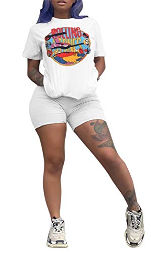 FcuteL Women Summer 2 piece Outfit Short Sleeve O neck Cartoon Print Shirt Bodycom Short Set Jumpsuit Rompers White Small