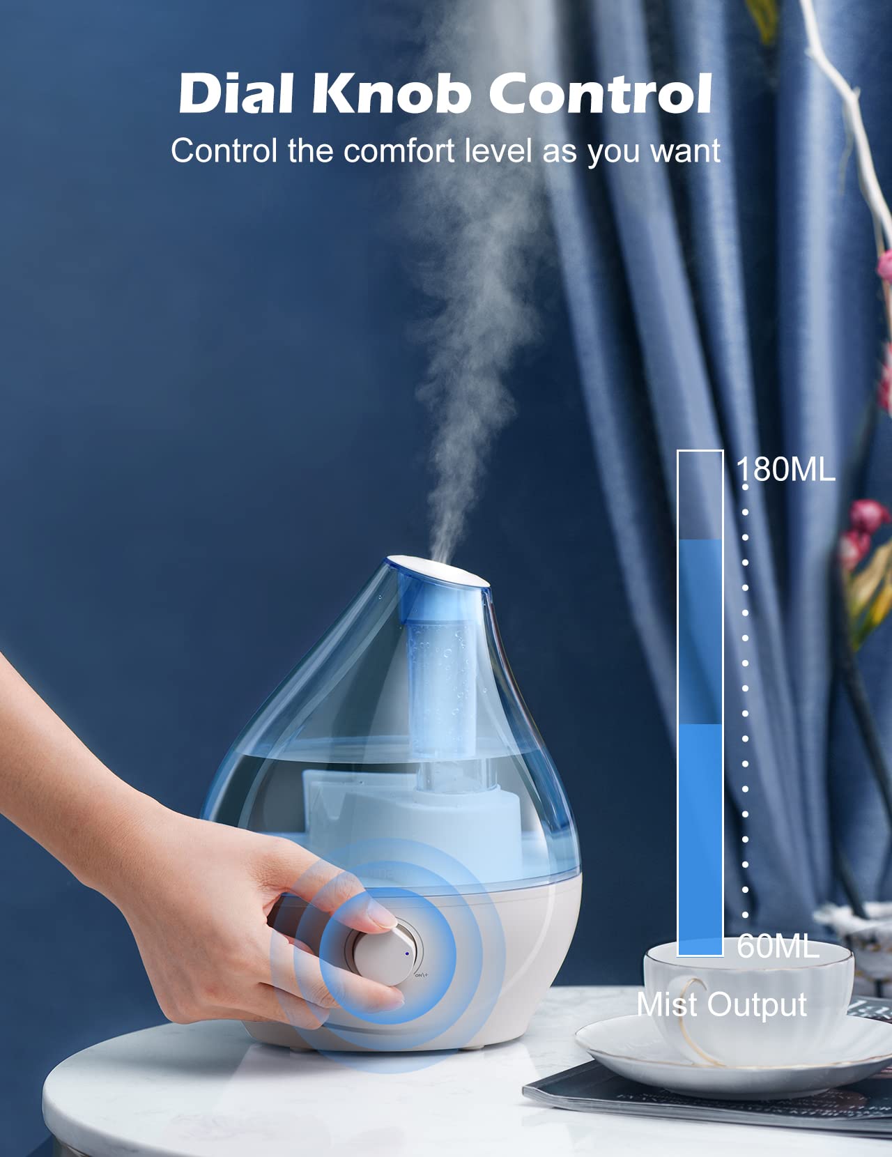 Humidifiers for Bedroom, 1.8L Cool Mist Humidifier, Cool Mist Vaporizer for Home, with 21dB Quiet for Baby Nursery, Easy to Clean Home Humidifier with Dial Knob Control, BPA-Free, 24 Hours Runtime