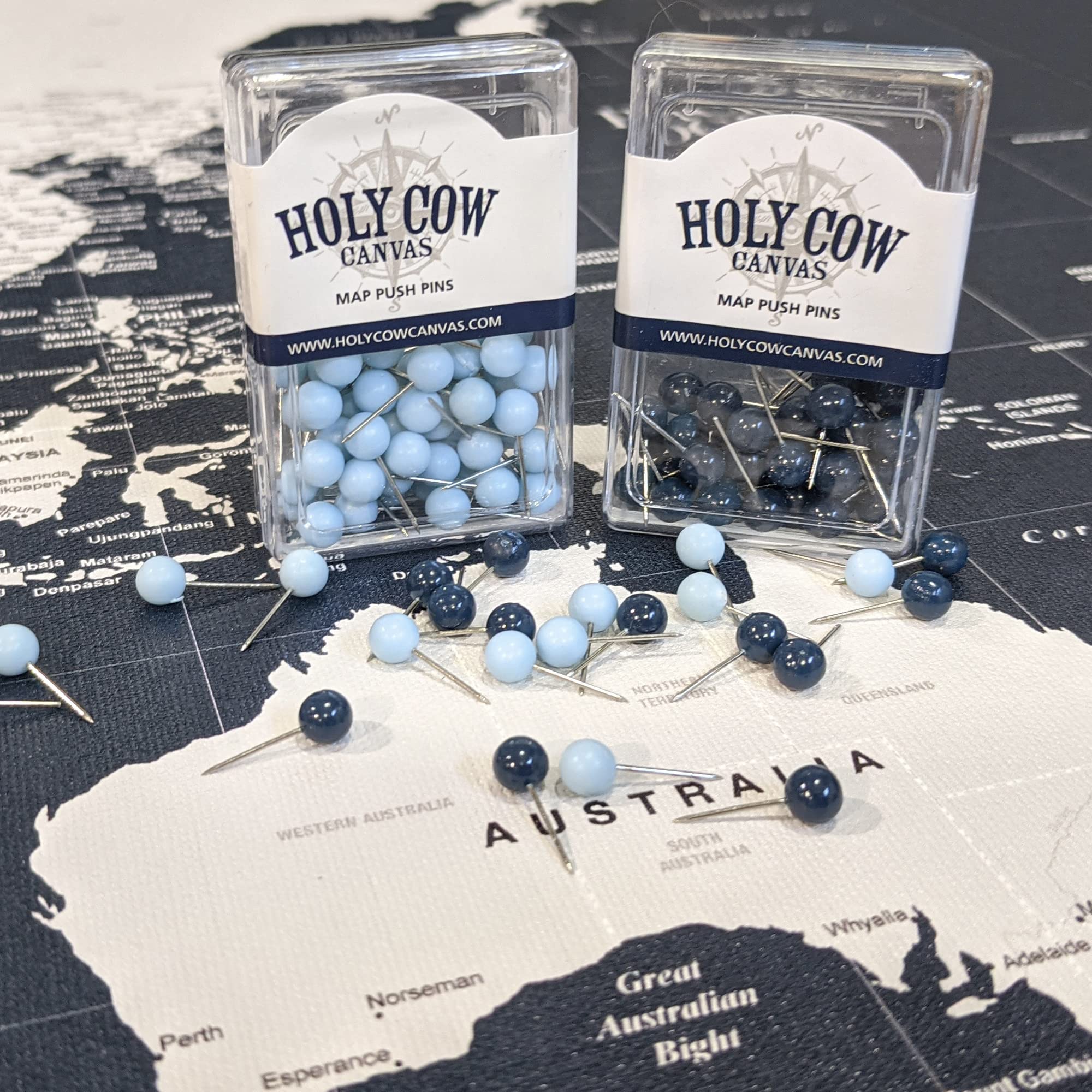 Holy Cow Canvas Personalized Navy Push Pin World Map on Canvas, Customize with Names, Travel Map with Pins Included to Track Your Travels, World Map Pin Board, Travel Themed Gift for People Who Travel