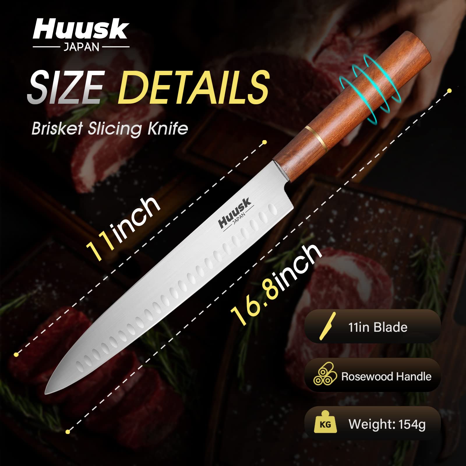 Huusk Janpan Knife 7 Inch Brisket Trimming Boning Knife and 11" Meat Slicing Knife Bundle for Smoked BBQ