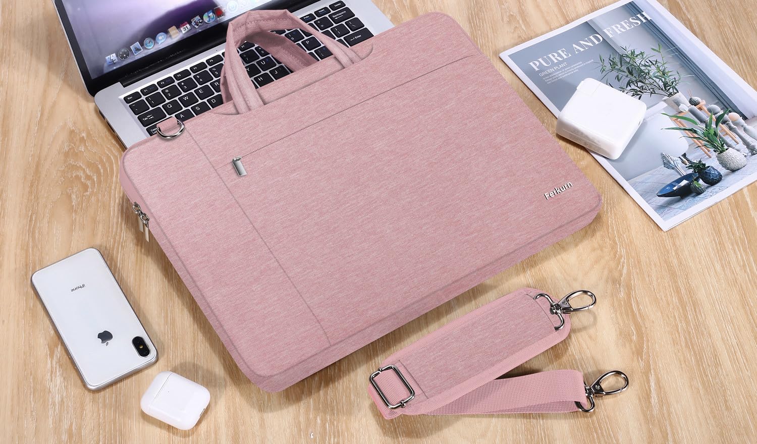 Ferkurn Laptop Bag Case Women Men Computer Sleeve with Shoulder for HP Envy Pavilion/Inspiron/Thinkpad/ASUS TUF Vivobook/MSI/MacBook/Surface,Waterproof Briefcase with Handle, Pink, 15 15.6 Inch