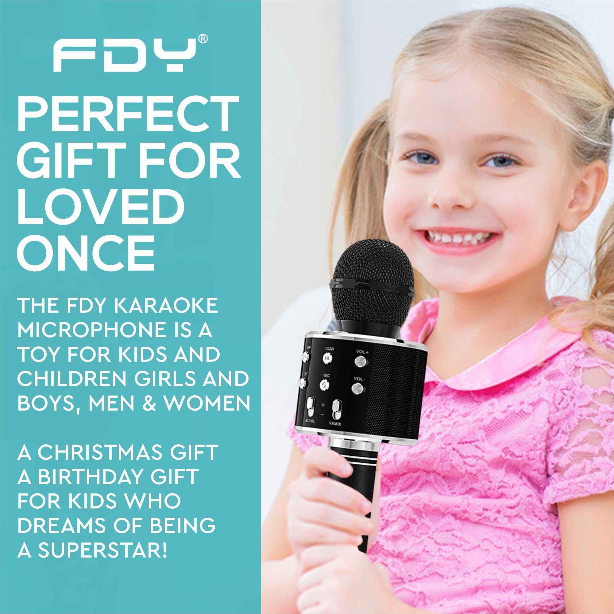 FDY Bluetooth Karaoke Microphone for Kids Adults, Wireless Bluetooth Microphone for Singing with Voice Changing Karaoke Mic Speaker Recorder for 3-13 Years Girls Boys Christmas Birthday Gift-Black