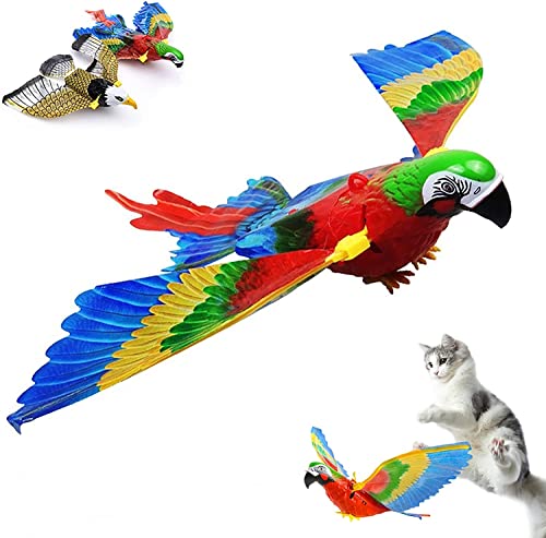 Simulated Bird and cat Toy Automatic Hanging Eagle Toy Interesting Bird and cat Interactive Toy Flying Bird and cat Chasing and Playing Toy - with Light and Music ((Parrot))
