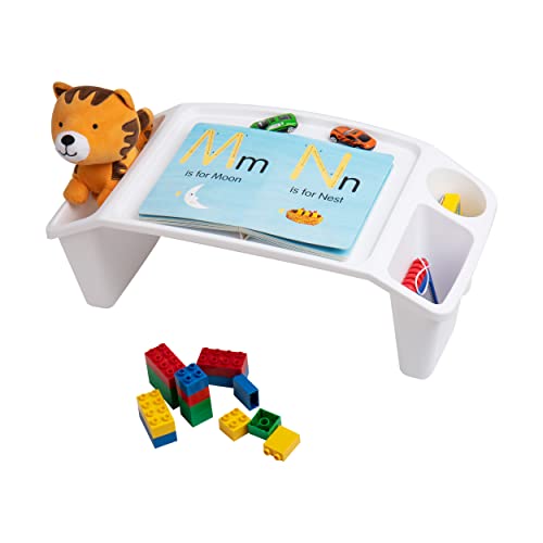 Mind Reader Sprout Collection, Portable Desk, Breakfast Tray, Laptop Desk, Side Storage Pockets with 3 Compartments for Toys, Tablets, Books, Games and Snacks, 22.25" L x 10.75" W x 8.5" H, White