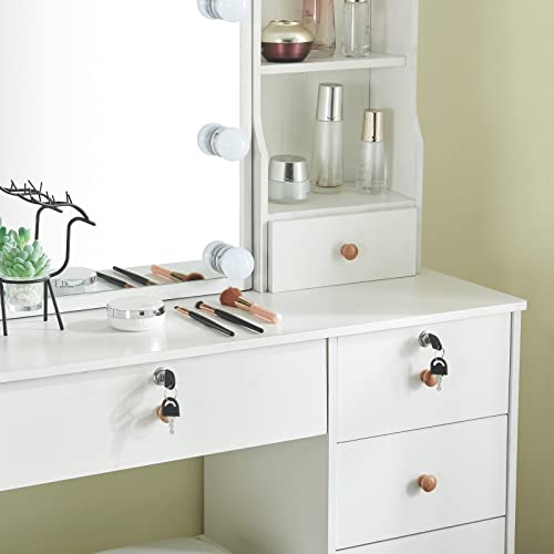 tojump Makeup Vanity Table with LED Lighted Mirror, White Vanity Desk with Drawers & Cabinet, Bedroom Makeup Dressing Table with Cushioned Stool (Modern N)