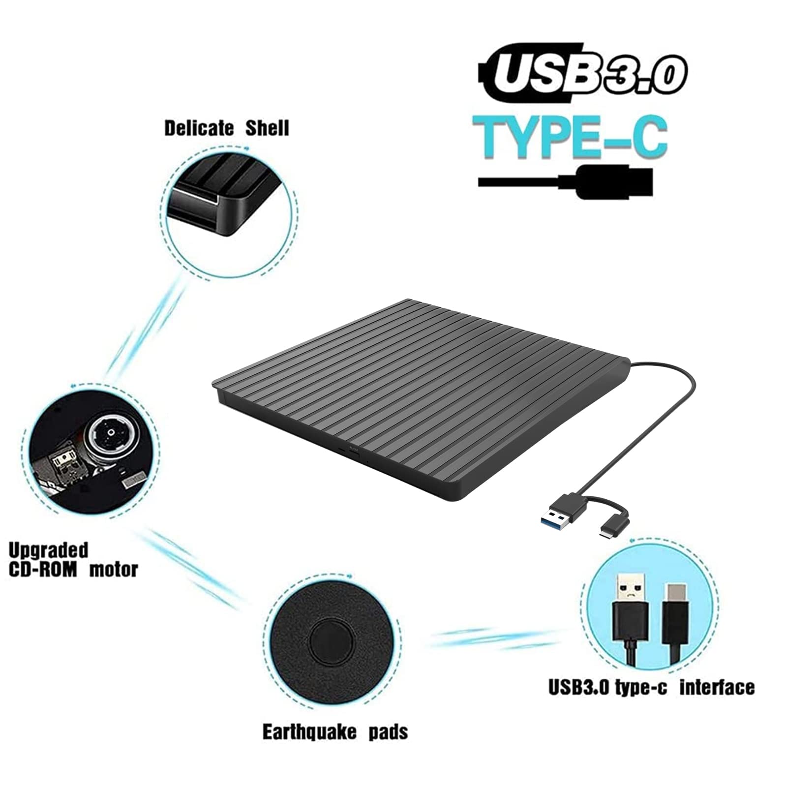 Gotega External CD/DVD Drive for Laptop USB-C & USB 3.0 CD/DVD ROM Drive Reader Writer Burner Compatible with Laptop PC MacBookMac Windows 10/8/7 Linux OS Apple