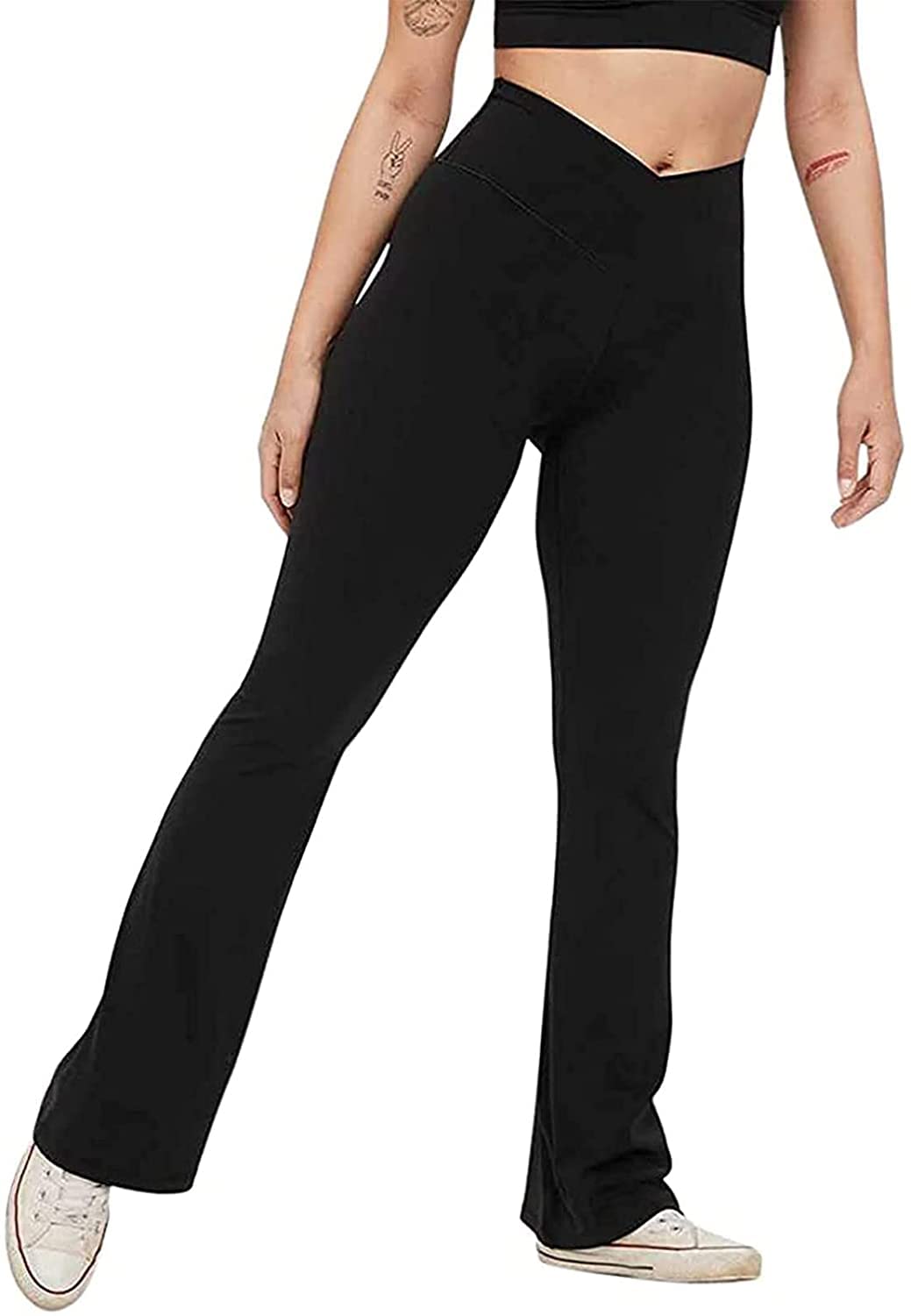 Flare Leggings Women's Casual Bootleg Yoga Pants V Crossover High Waisted Flare Workout Pants Leggings Black
