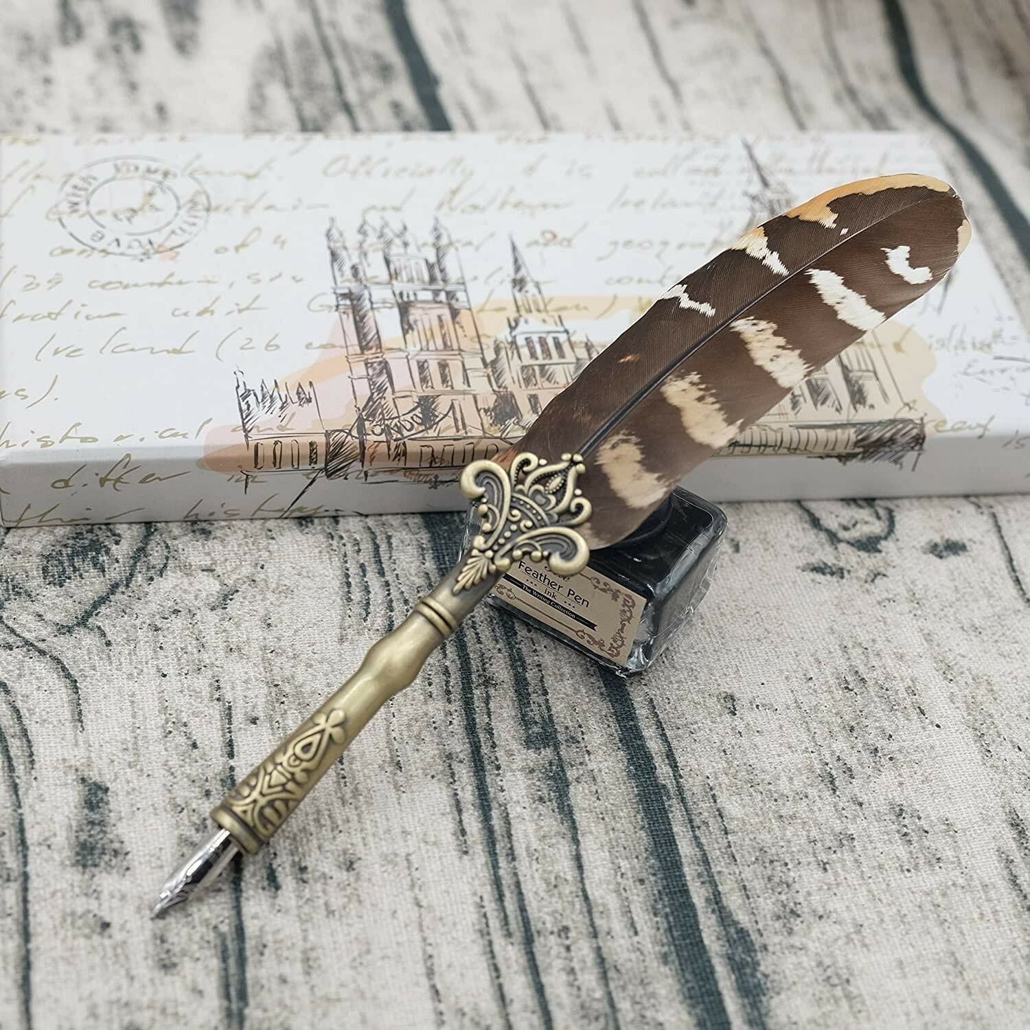 Feather Quill Pen Set Dip pen with ink and 6pcs Stainless Steel Nibs Calligraphy Pen for beginners in Gift Box