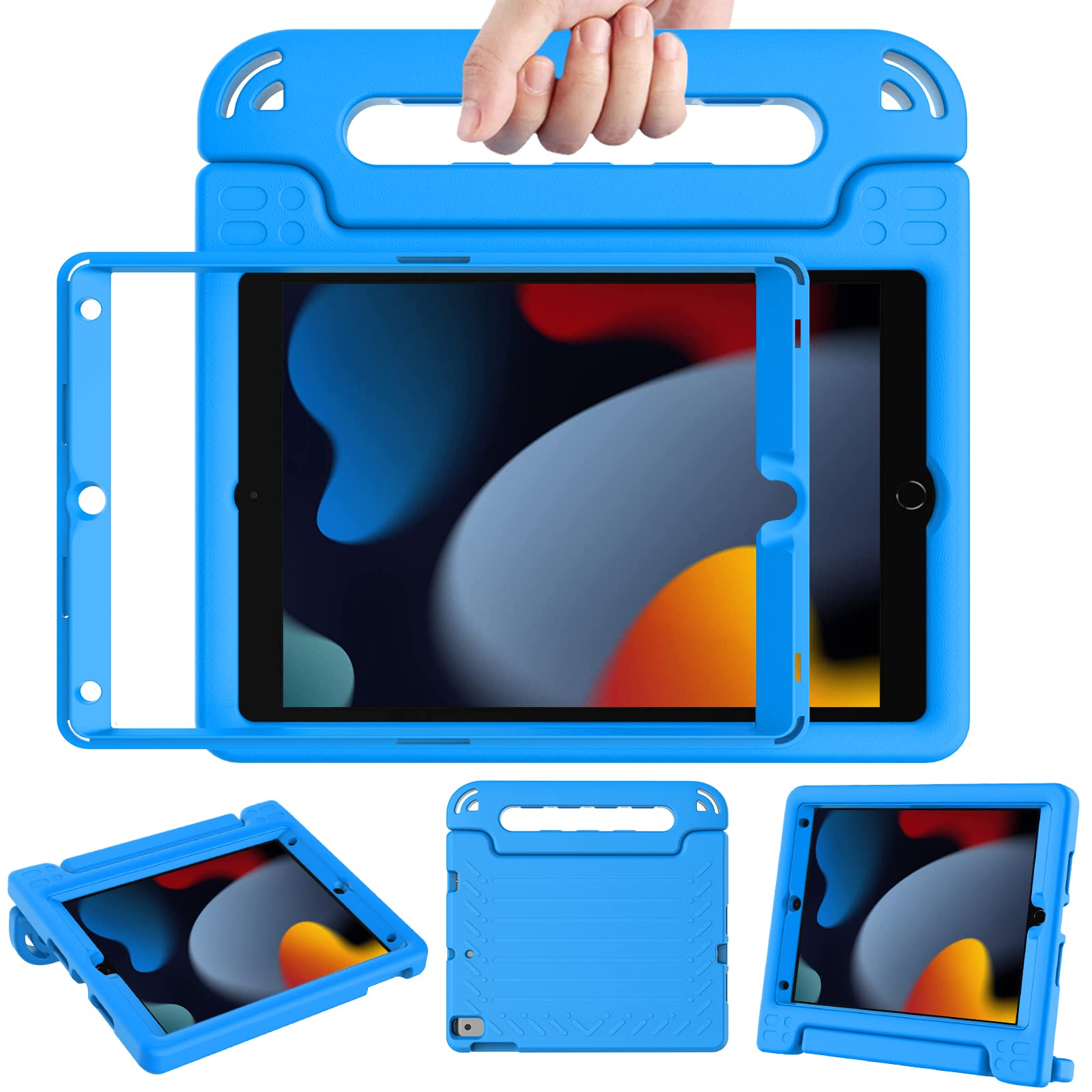 LTROP Case for 9th/8th/7th Generation 2021/2020/2019 with Built-in Screen Protector, Shockproof Convertible Handle Stand Case for iPad 9/8/7 Gen, Blue