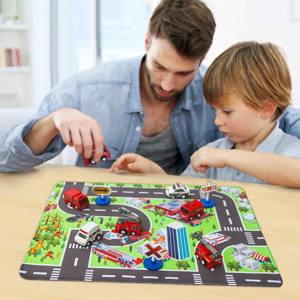 Fire Truck Toys with Play Mat, 6 Fire Engines, 3 Road Signs, 14" x 18" Fire Rescue Playmat, Mini Pull Back Car Toys for 2 3 4 5 Year Old Boy Toddlers