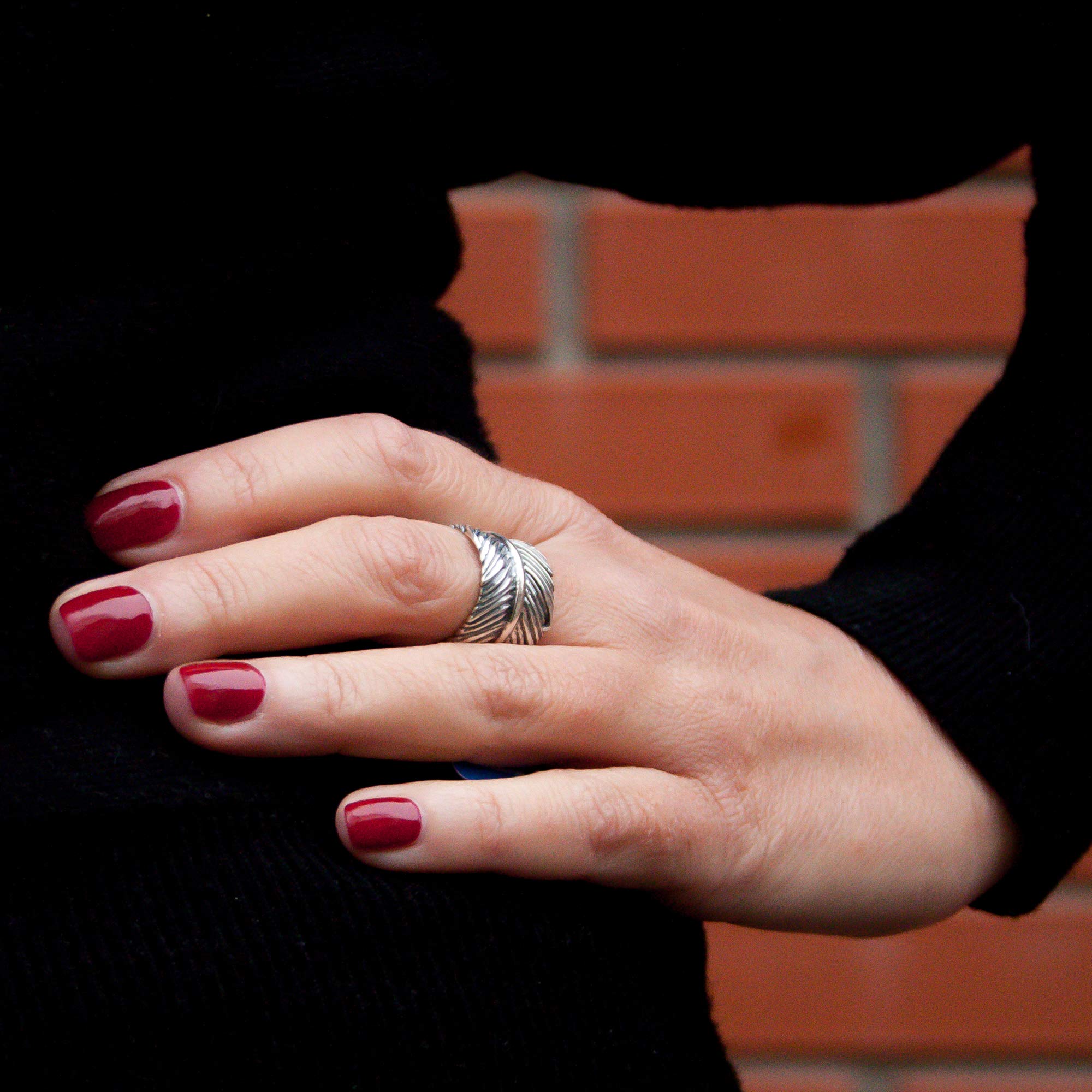 Feather Wrap Band Ring Solid Sterling Silver 925 Wide Unisex Adjustable Resizable Leaf Rings Boho Hippie Yoga Style Fashion Jewelry for Women Men (9.5)