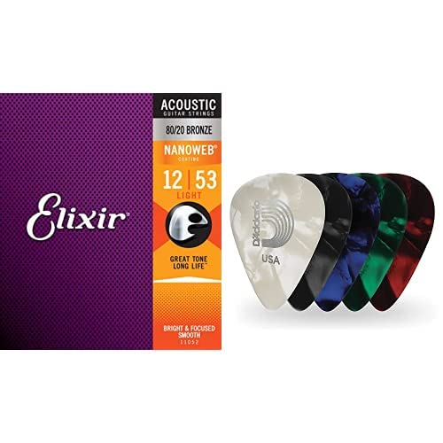 Elixir Acoustic Guitar Strings (.012-.053) with Celluloid Guitar Picks - 10 Pack