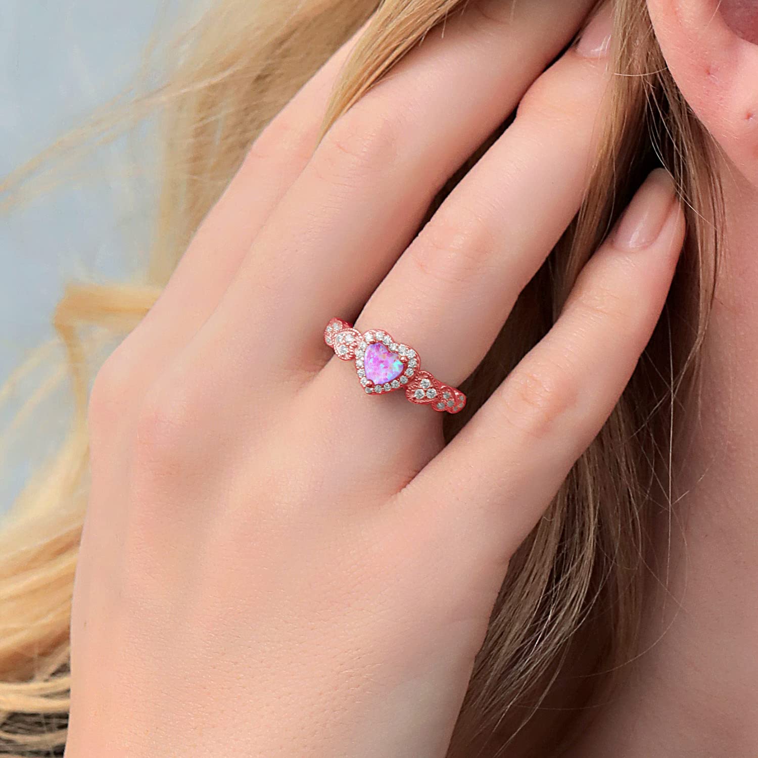 Gem Stone King 18K Rose Gold Plated Silver Ring Heart Shape Simulated Opal and Moissanite (0.93 Cttw) (Size 6)