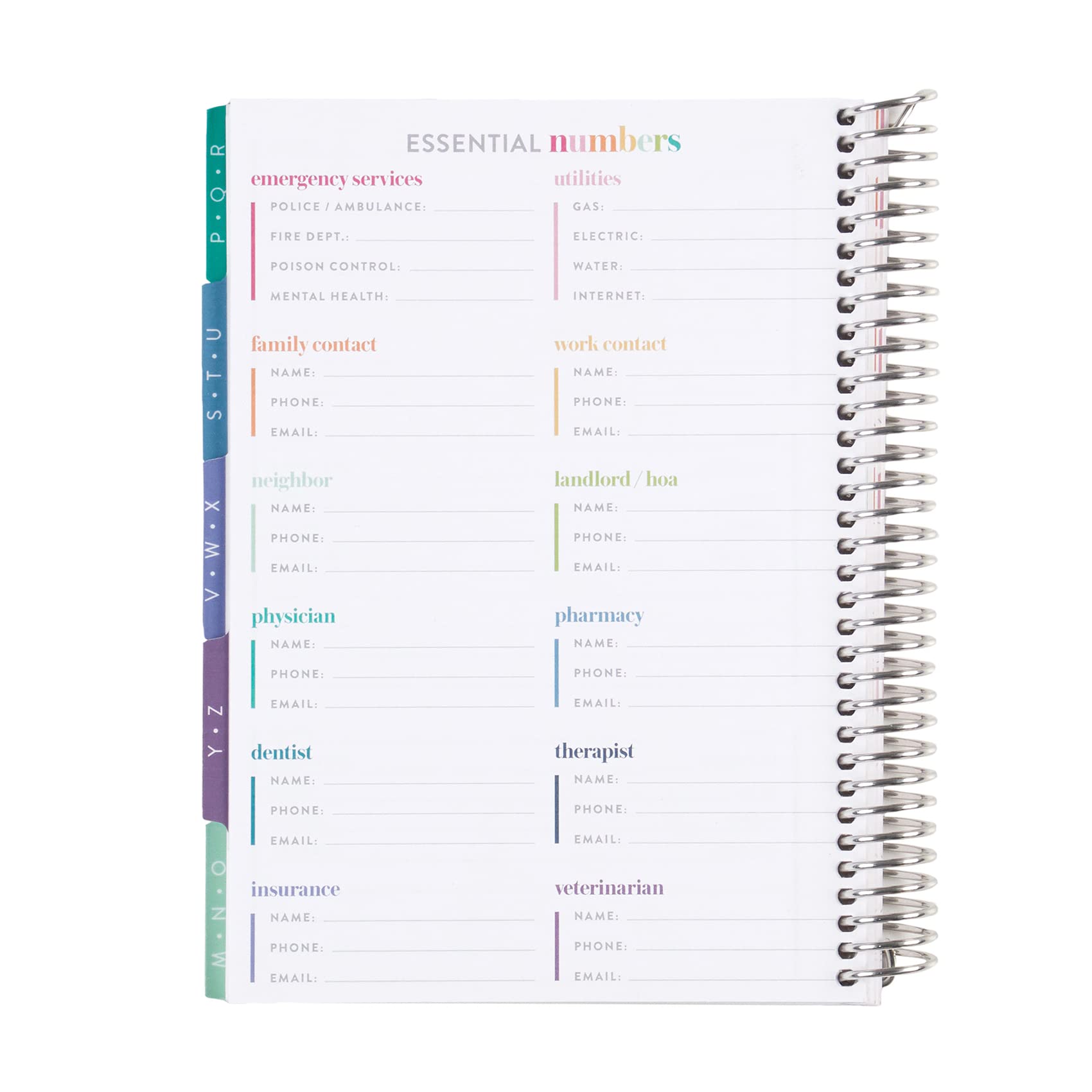 Erin Condren A5 Spiral Bound Address Book. 140 Pages with 9 Tabs. Full Alphabetical Contact Log & Address Book. 80 Lb Thick Paper. Essential Numbers and Locations Tracker