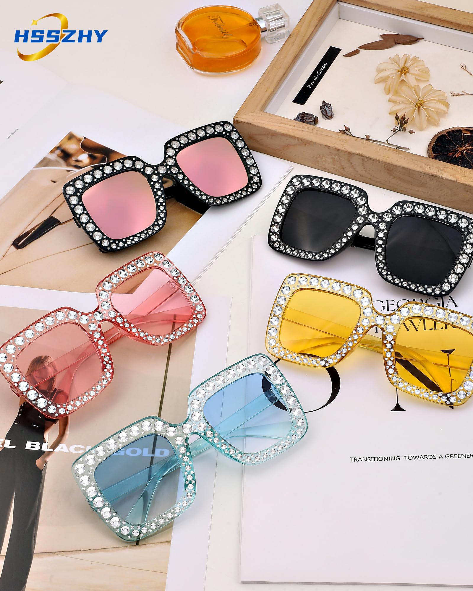 LYMOJOR 12 Pack Rhinestone Sunglasses Bulk, Oversized Square Fun Bling Crystal Sunglasses for Women Party Favors