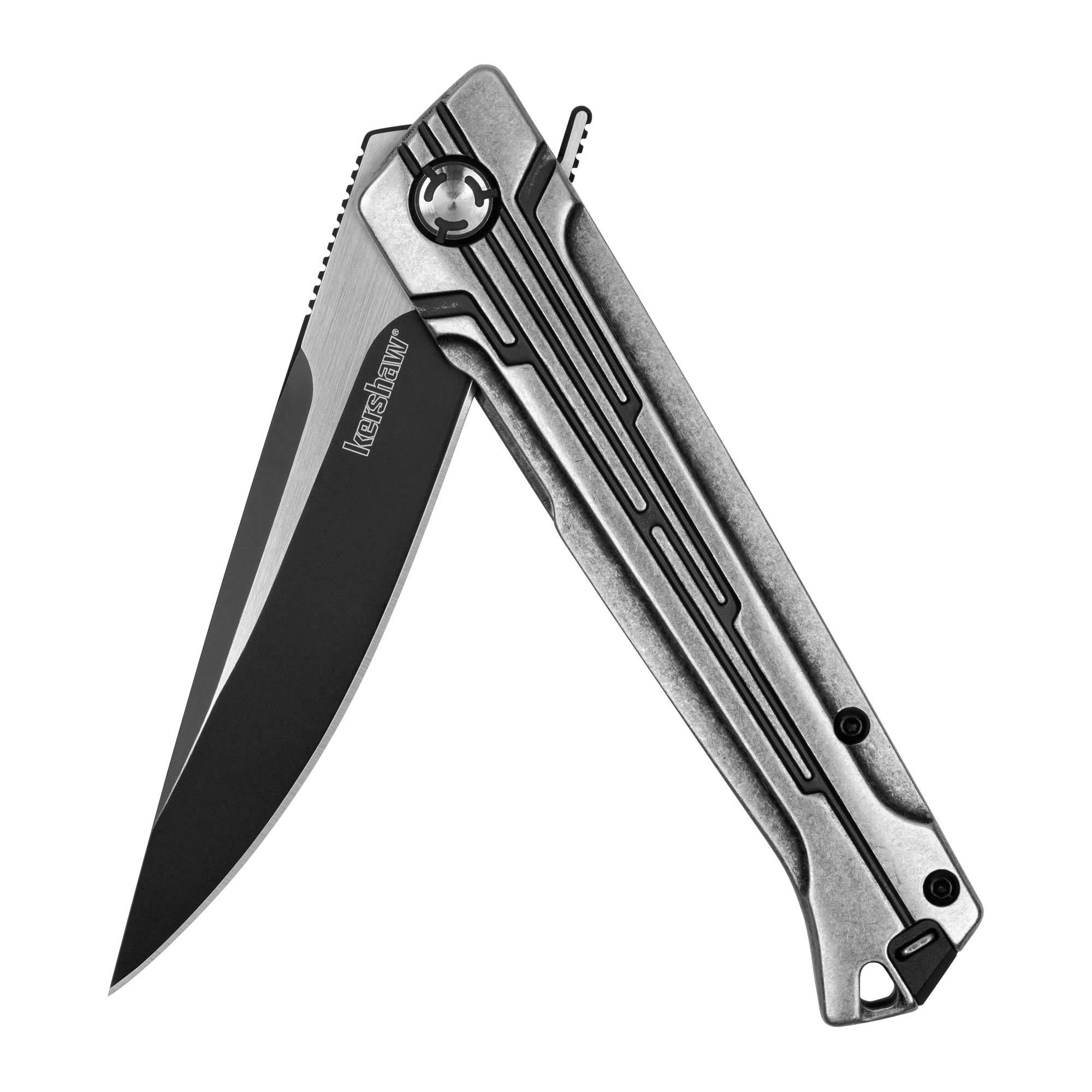 Kershaw Noventa Pocket Knife, 3.3 inch Stonewashed D2 Steel Blade with KVT Ball Bearings, Stainless Steel Handle, Pocketclip,black
