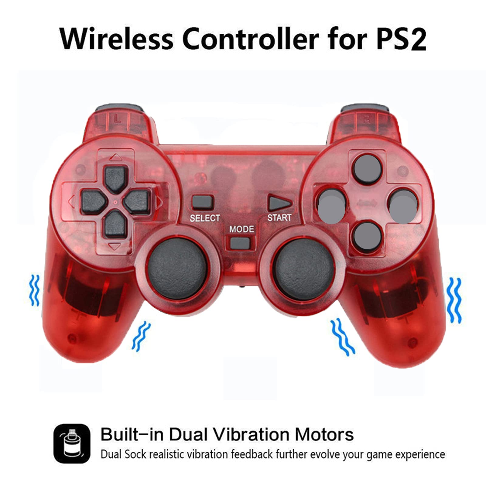 JINHOABF Wireless Controller for PS2,Built-in Dual Vibration 2.4G Gamepad Joystick Compatible for PS2 Controller,with Wireless Receivers (Clear Red and Blue)
