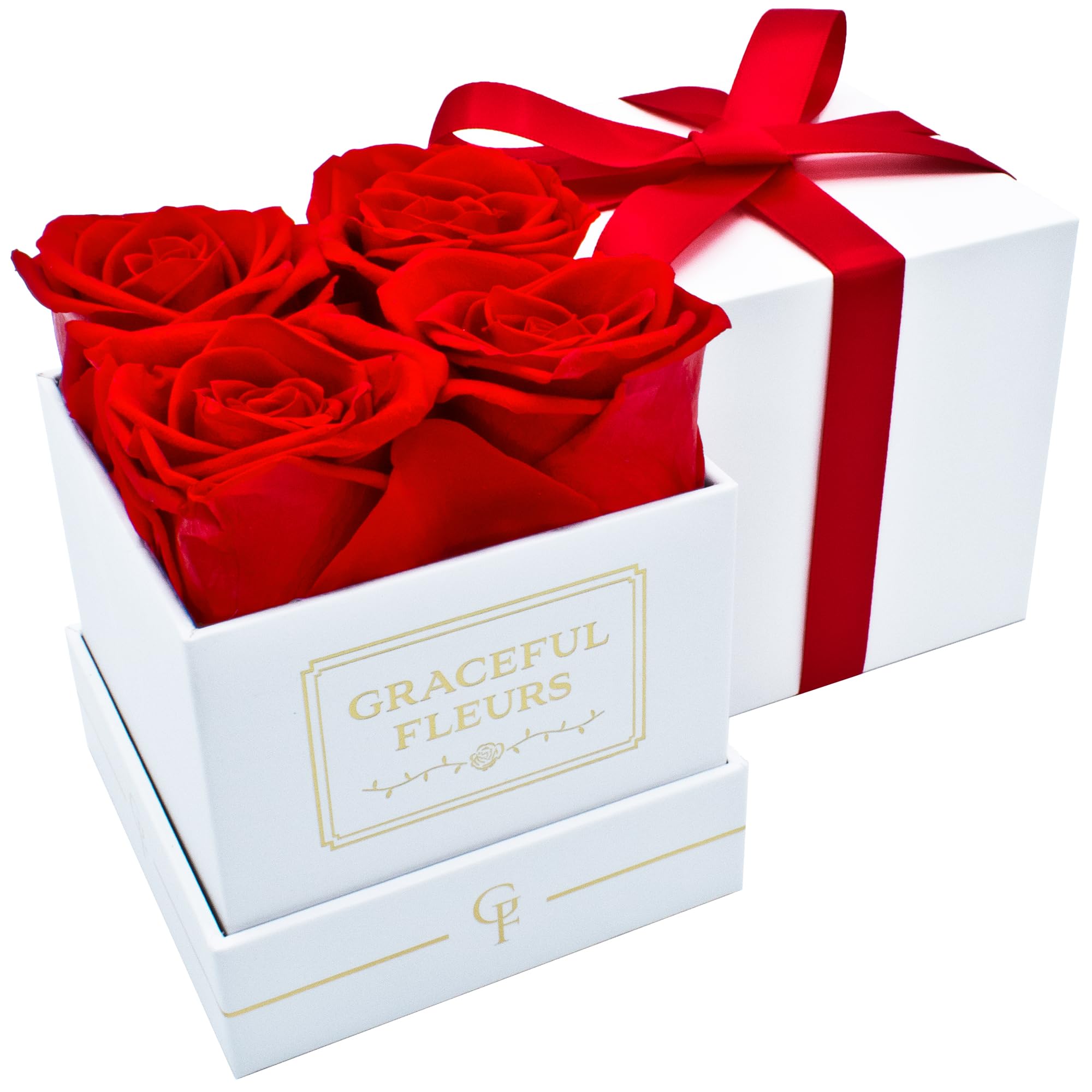 Graceful Fleurs | Real Roses That Lasts for Years | Preserved Fresh Flowers for Delivery Prime Birthday | Mothers Day Flowers Gifts | Forever Roses in a Box (Red, White Box, 4 Roses)