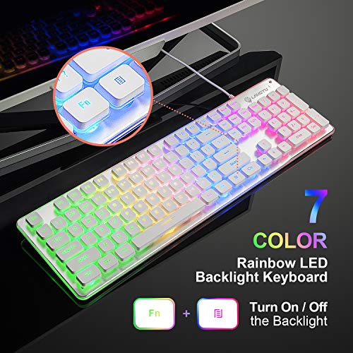 LANGTU Membrane Gaming Keyboard, Rainbow LED Backlit Quiet Keyboard for Office, USB Wired All-Metal Panel 25 Keys Anti-ghosting Computer Keyboard 104 Keys - L1 White/Silverā¦