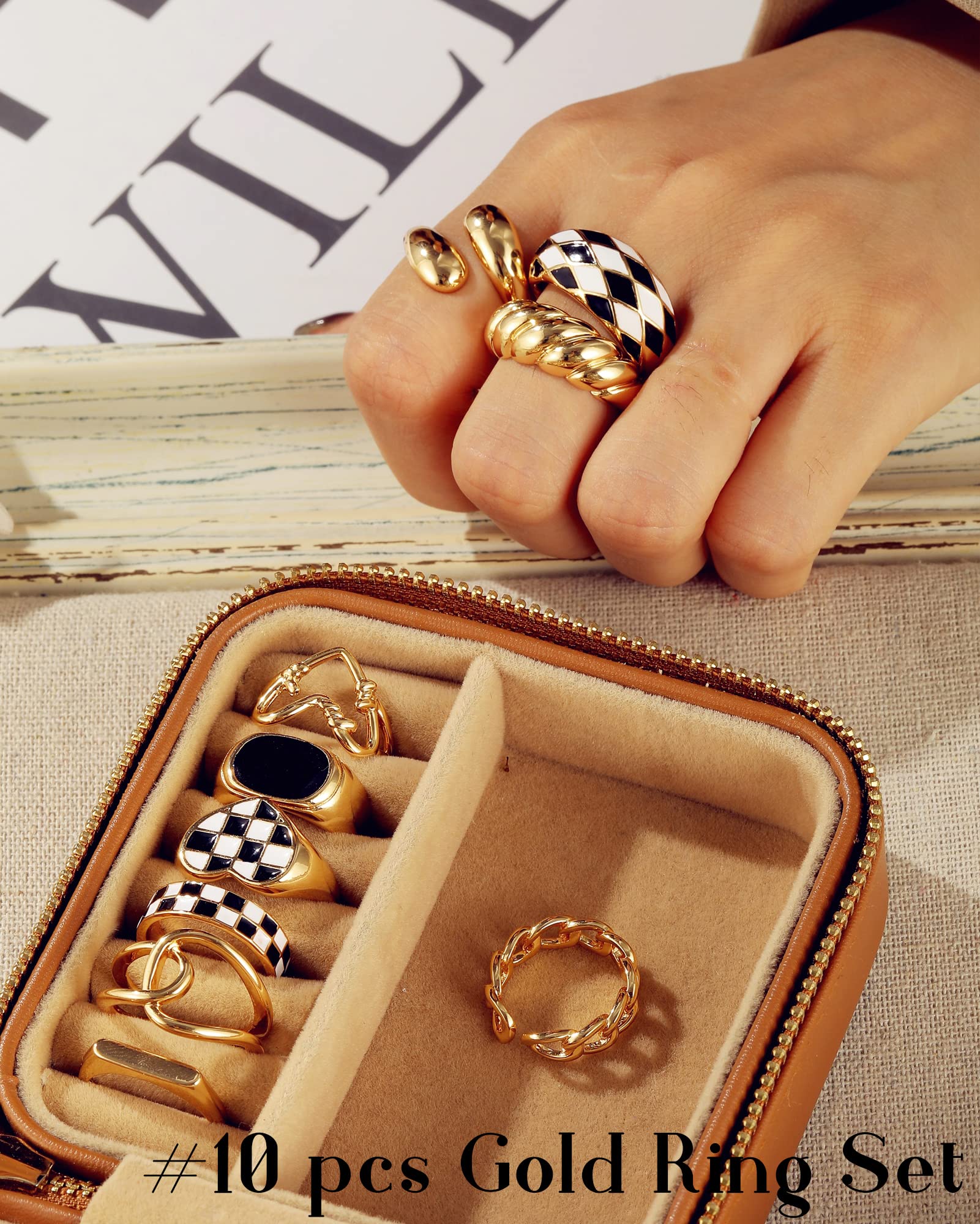 FAXHION 10PCS Gold Stackable Rings Set for Women, 18K Gold Plated Open Stacking Knuckle Ring, Adjustable Chunky Signet Band Ring for Gift