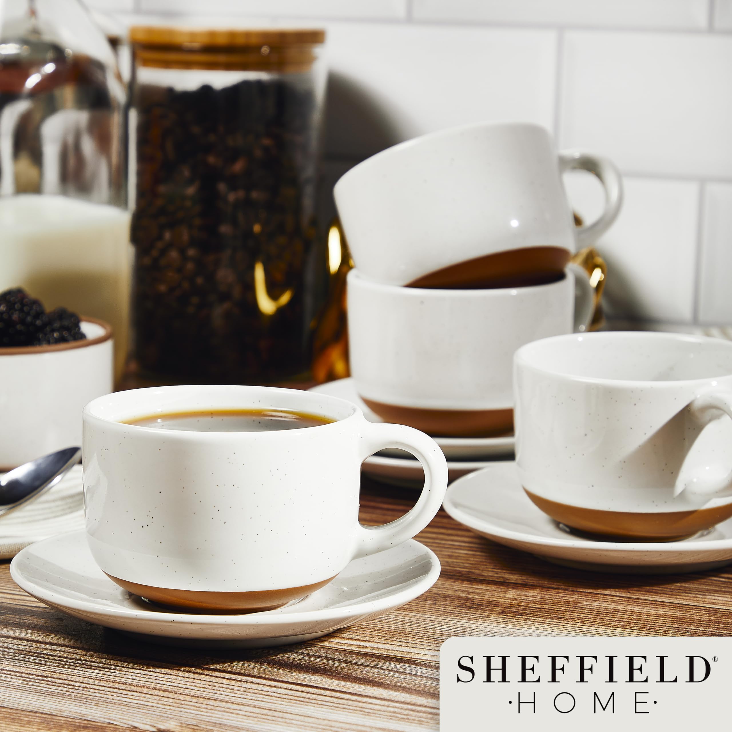 Sheffield Home Elegant Coffee Mug Set - Set of 4 Stoneware 8oz Cups with Saucers – Dishwasher and Microwave Safe Ceramic - Ideal for Cappuccino, Espresso, Latte, or Tea - Assorted Neutrals