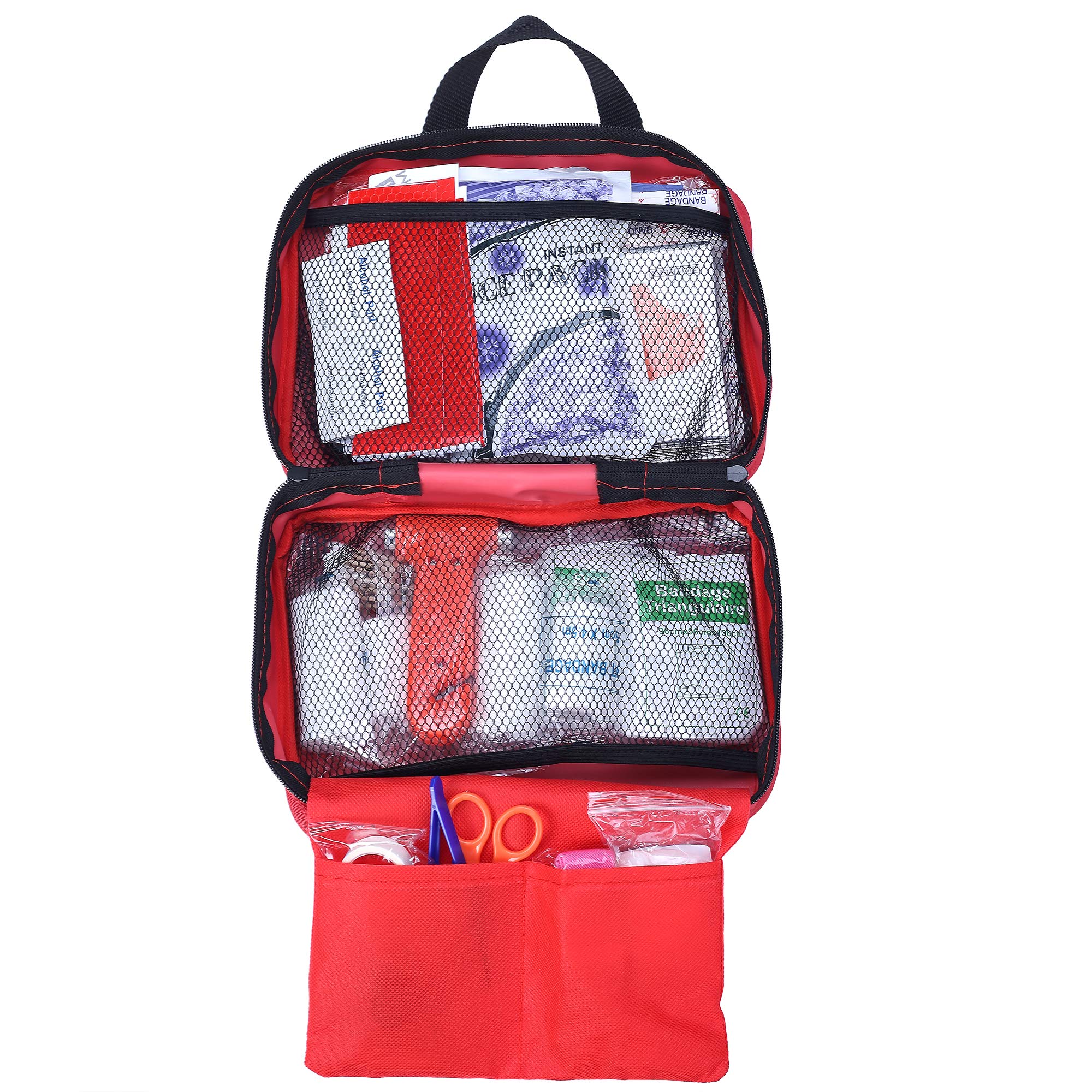 First Aid Kit - 230 Piece - for Car, Home, Travel, Camping, Office or Sports | Red Bag/Reflective Cross, Fully Stocked with Essential Supplies for Emergency and Survival
