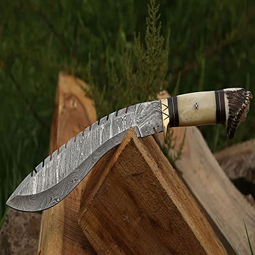 Handmade Damascus Kukri Knife with Stag Horn and Bone Handle Survival Knife Anniversary Gift Camping Knife Gift for Him Groomsmen gift EDC