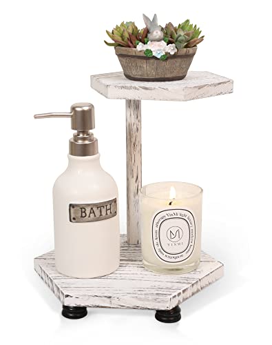 Tikea Hexagonal Wood Riser for Display, 2-Tier Farmhouse Wood Pedestal Stand for Kitchen Bathroom Counter Decor, Decorative Tray for Soap Dispenser, Candle and Plant