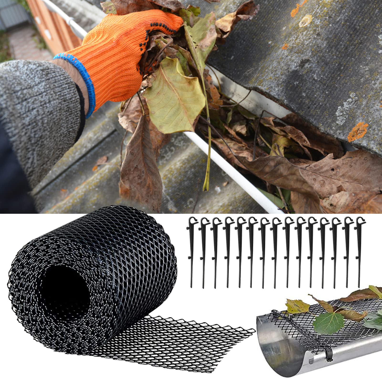 Gecorid Mesh Gutter Guard Protection Mat, 6m x 15cm Gutter Guard Mesh Roll, 15 Fixing Hooks, Keeps Leaves and Clutter Out of Gutter, Prevent Clogging and Overflowing