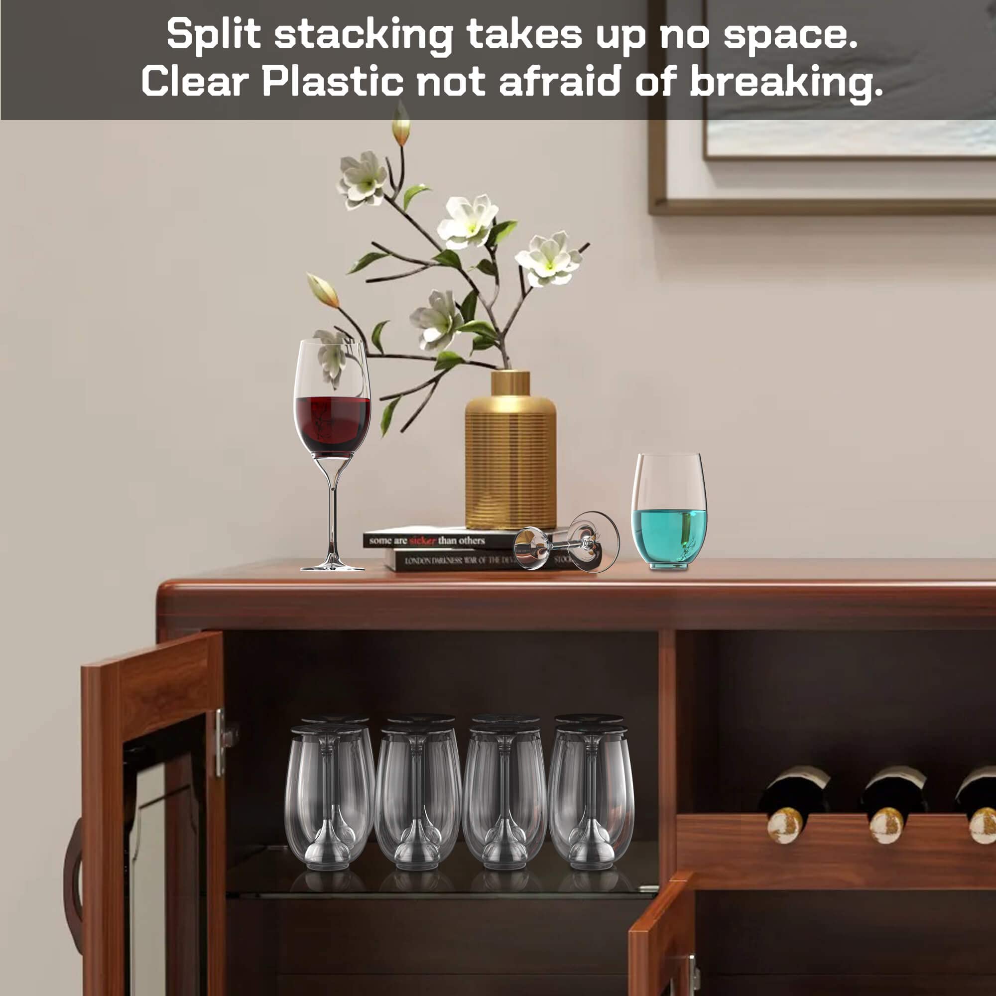 JIUBAR Travel Wine Glasses, Detachable Tritan Plastic stem wine glasses or Stemless Wine Cups/Champagne Glasses,Reusable Shatterproof Recyclable,clear color,BPA Free.