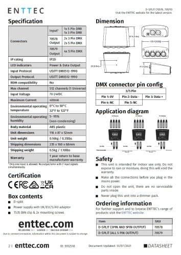 Enttec D-Split 70578 DMX 4 Port Isolated Splitter / Isolator (3/5-Pin)