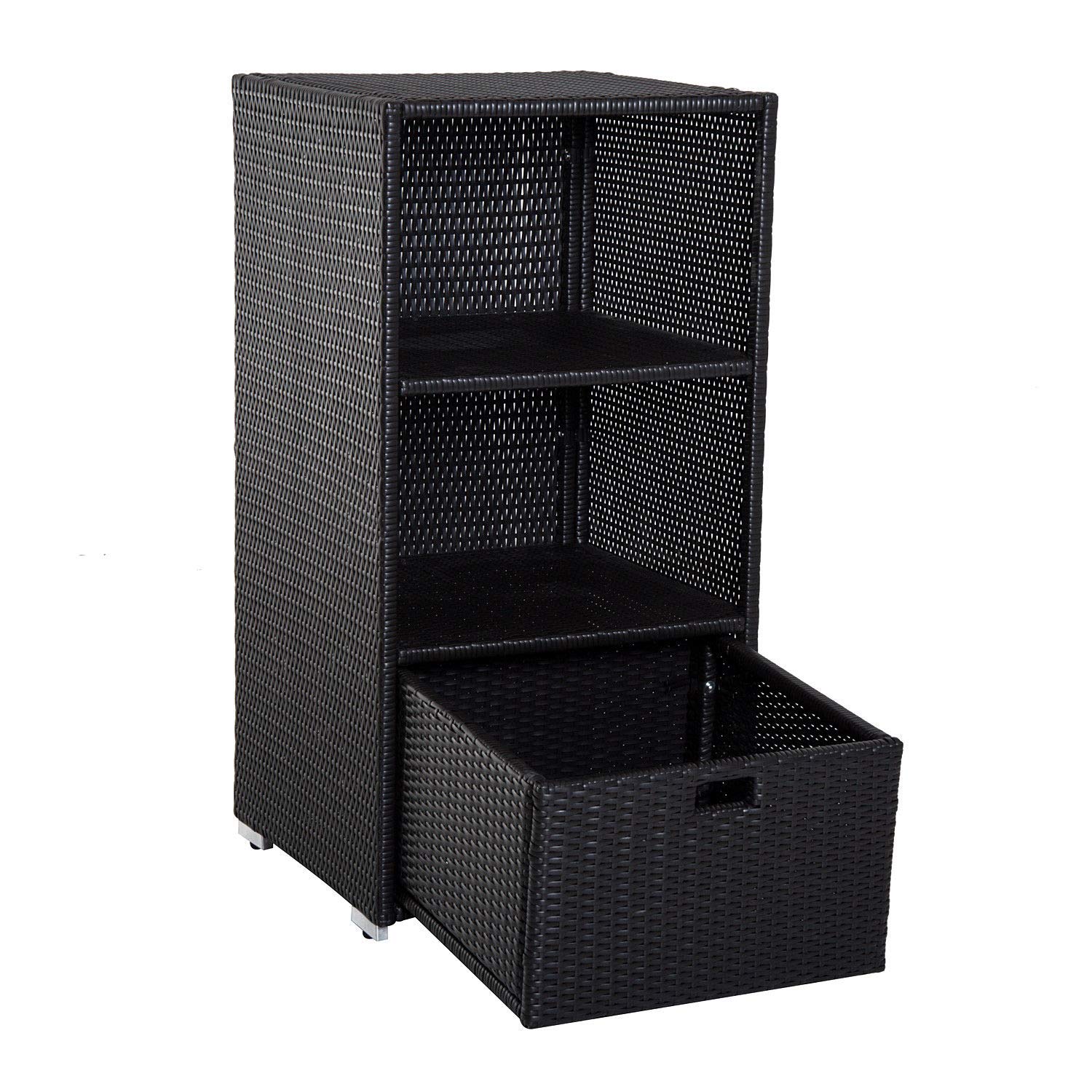PE Rattan Wicker Outdoor Pool Towel Water Bottles Robes Valet Stand Organizer Rack Storage Cabinet 2 Upper Storage Shelves 1 Bottom Drawer for Storing Creams Lotions and Sunscreen
