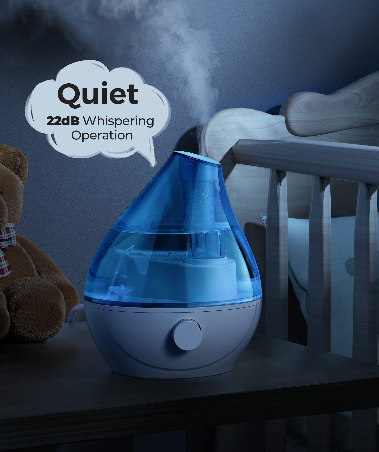 Humidifier for Bedroom, 1.6L Cool Mist Humidifier with Night Light, 22dB Quiet Humidifiers for Large Room, 360° Rotate Nozzle and Adjustable Mist, 24 Hrs Available Cool Mist, Easy to clean, Auto Off