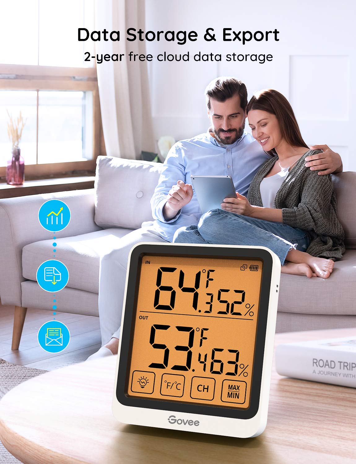 Govee Bluetooth Indoor Outdoor Thermometer, Digital Wireless Weather Hygrometer Humidity with App Notifications, 4.5-Inch Large LCD Touchscreen with Backlight, 2-Year Data Storage