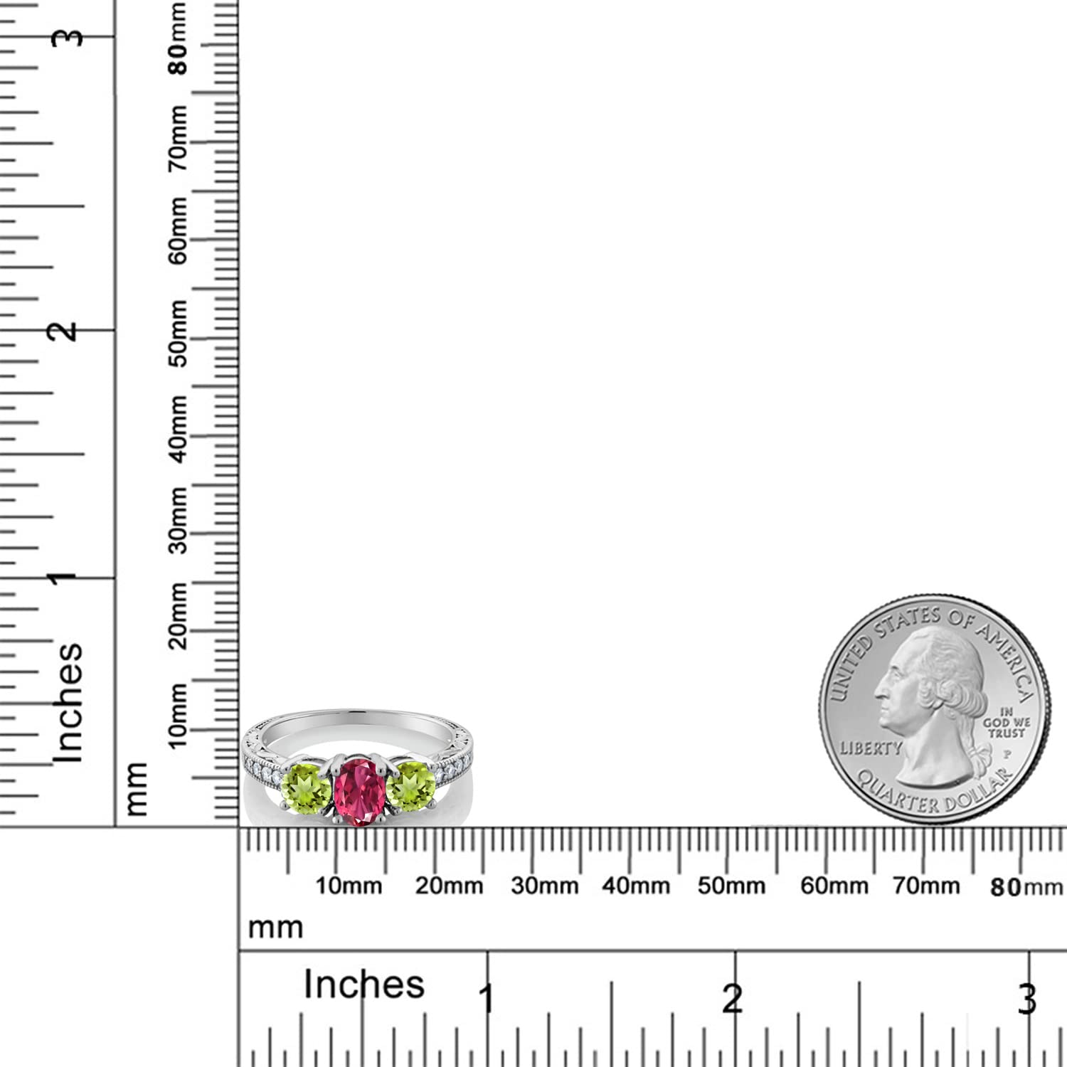 Gem Stone King 925 Sterling Silver Oval Pink Tourmaline Green Peridot and Moissanite Women Ring (2.07 Cttw, Gemstone Birthstone, Available In Size 5, 6, 7, 8, 9)