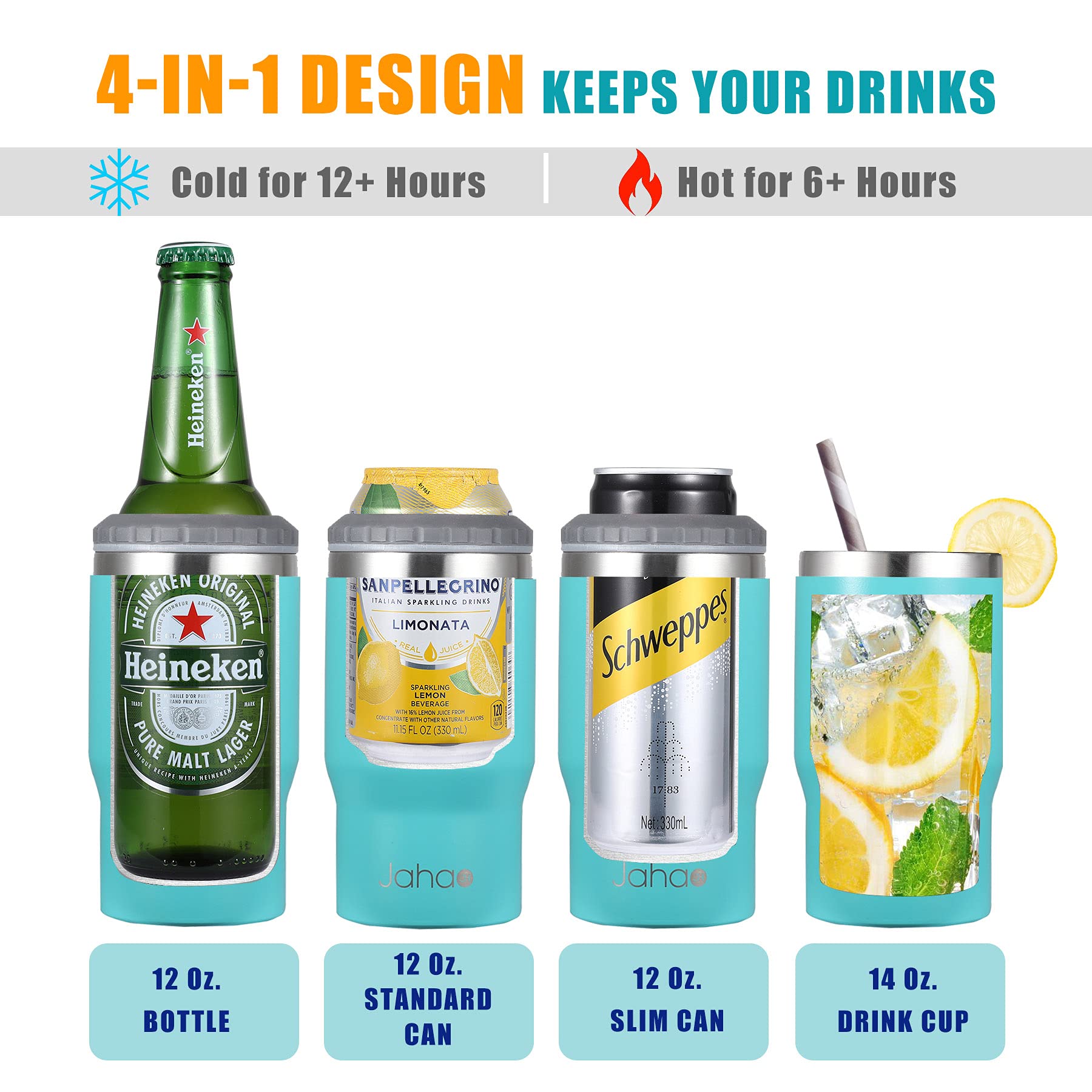 Jahao 4-in-1 Can Cooler, Stainless Steel Double-Wall Vacuum Insulated Beer Cooler/Can Holder/Slim Can Coolers for 12oz Cans, Slim Cans and Beer Bottles, or as a 14oz Coffee Mug