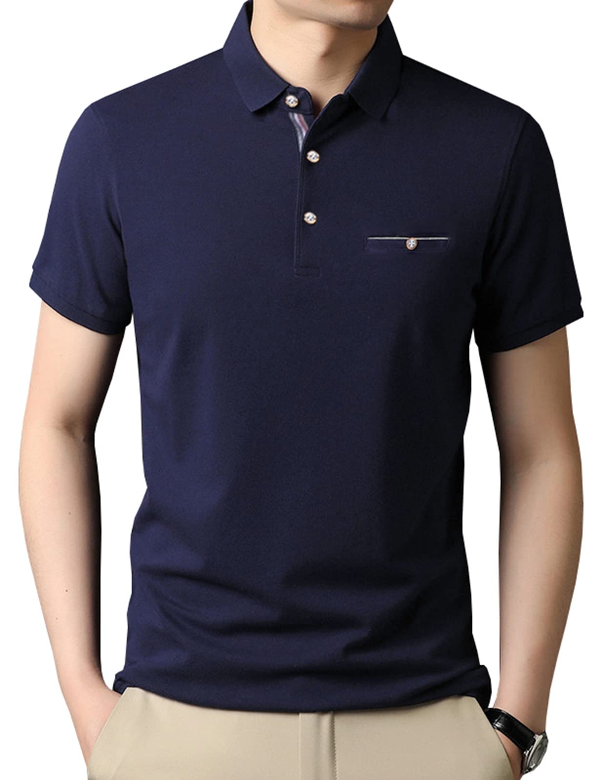 FRTCV Mens Polo Shirts with Pockets Short Sleeve Cotton Shirt Tops 7171 Dark Blue US L