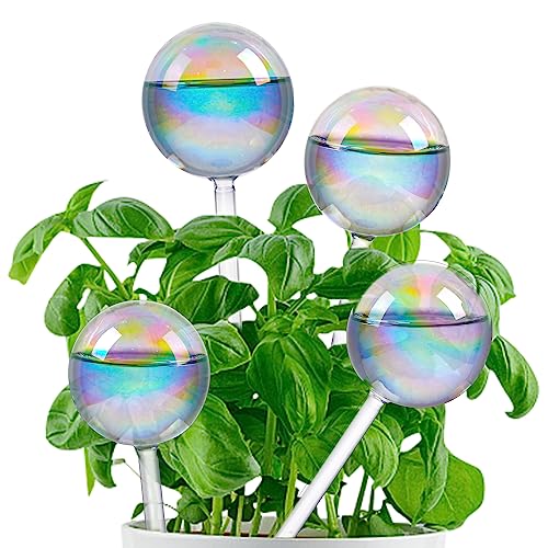 jiuhexuj Plant Watering Globes - 4 Pack Iridescent Rainbow Gradient Color Clear Glass Plant Watering Devices - Self Watering Planter Insert for Indoor and Outdoor Plants - Measures 9" L x 2.9" D