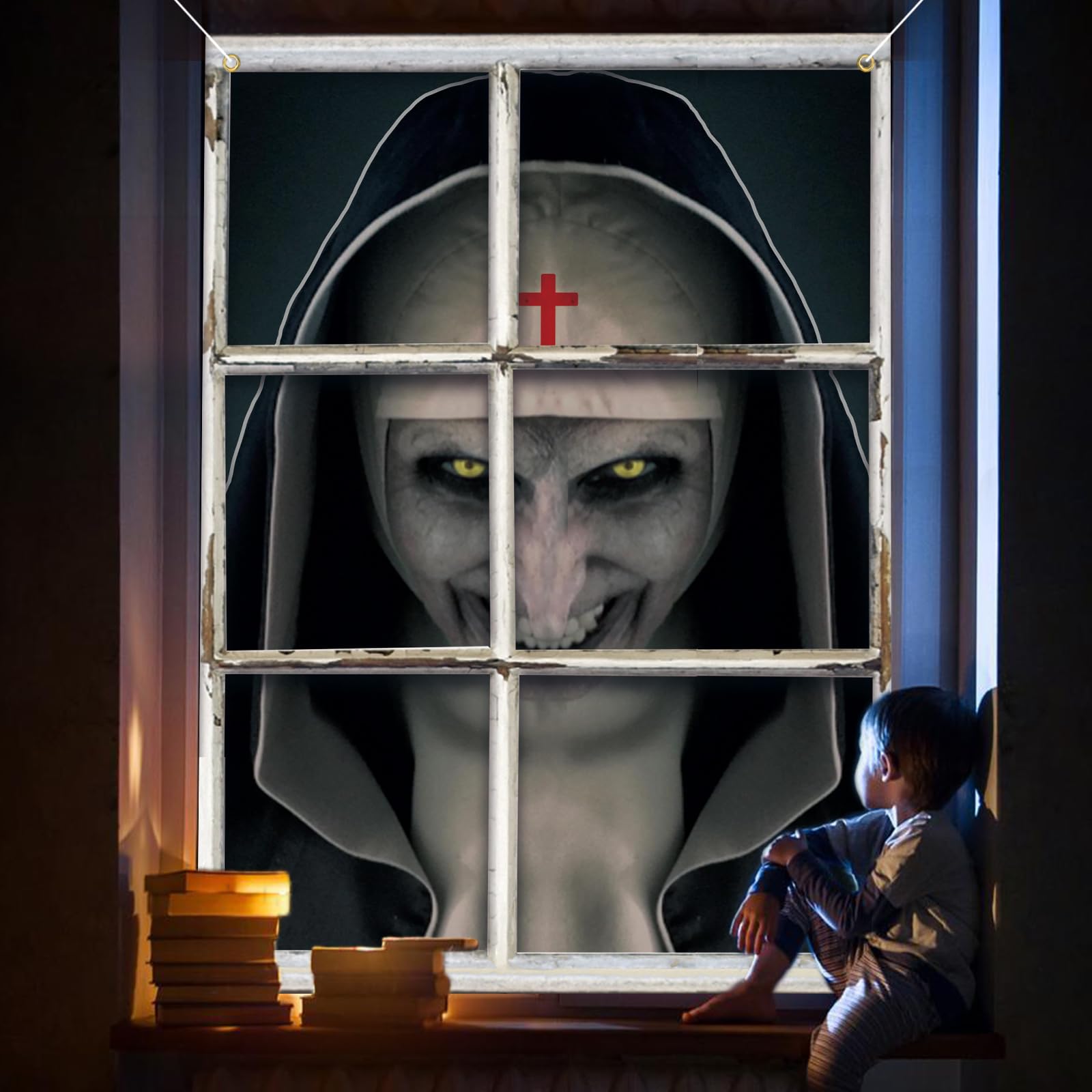 Halloween Window Cover Decorations, Fabric The Nun Creepy Halloween Curtain Horror Movie Poster Window Door Covering Decor for Haunted House, Scary Halloween Window Clings Decals Indoor Outdoor