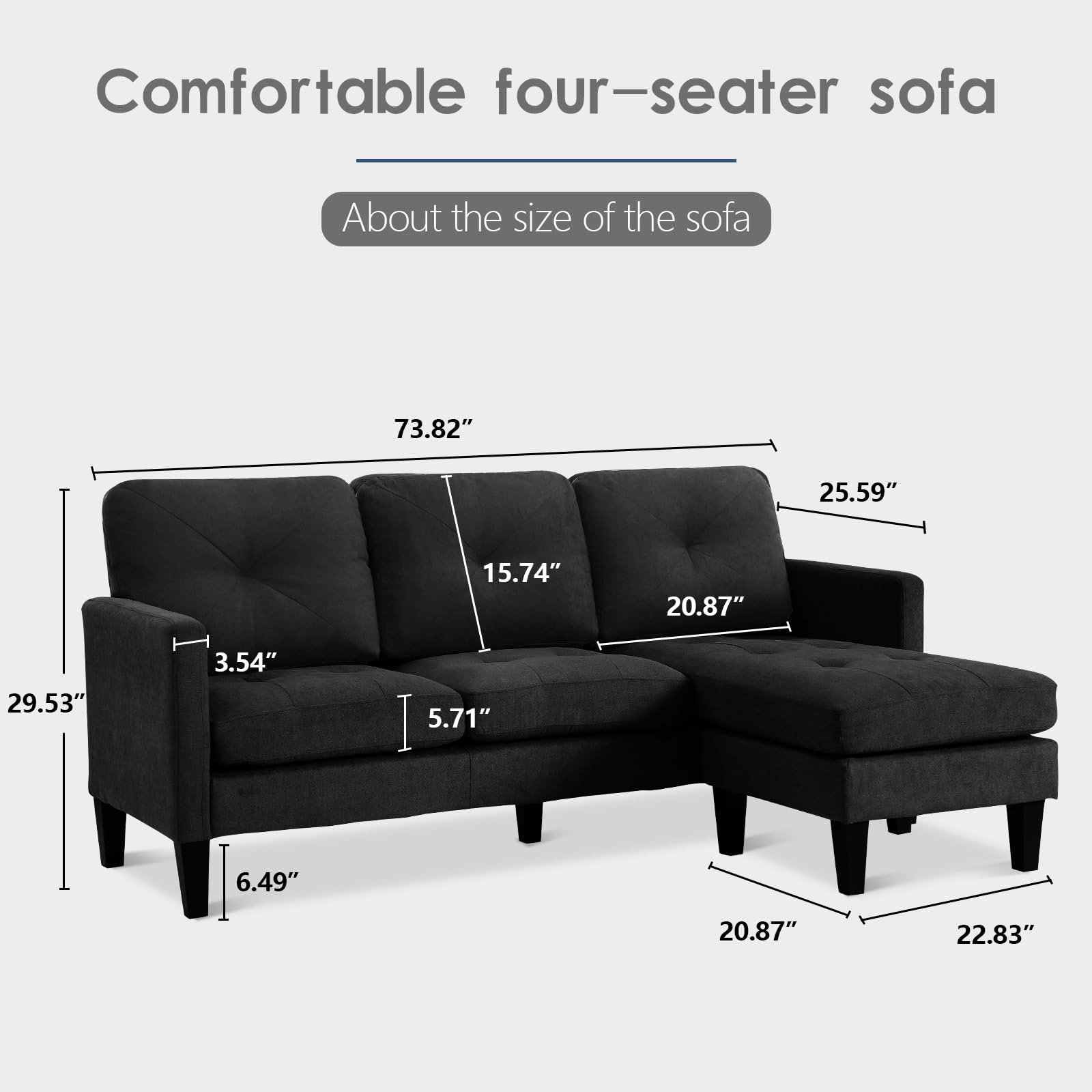 TOBYUL L-Shaped Couch with Reversible Chaise,Convertible Sectional Sofa Couch,Modular Couch Set,Living Room Furniture Sets,Couches for Living Room Apartment and Small Space (Black)