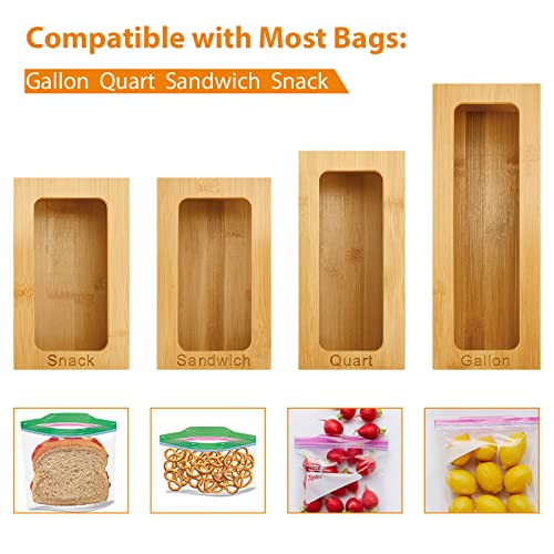 Ziplock Bag Organizer for Kitchen Drawer, 4 PACK Storage Bag Organizer ,Bamboo Food Storage Bag Holder Compatible with Ziploc, Solimo, Glad, Hefty, for Gallon, Quart, Sandwich & Snack Variety Size Bag (Natural)