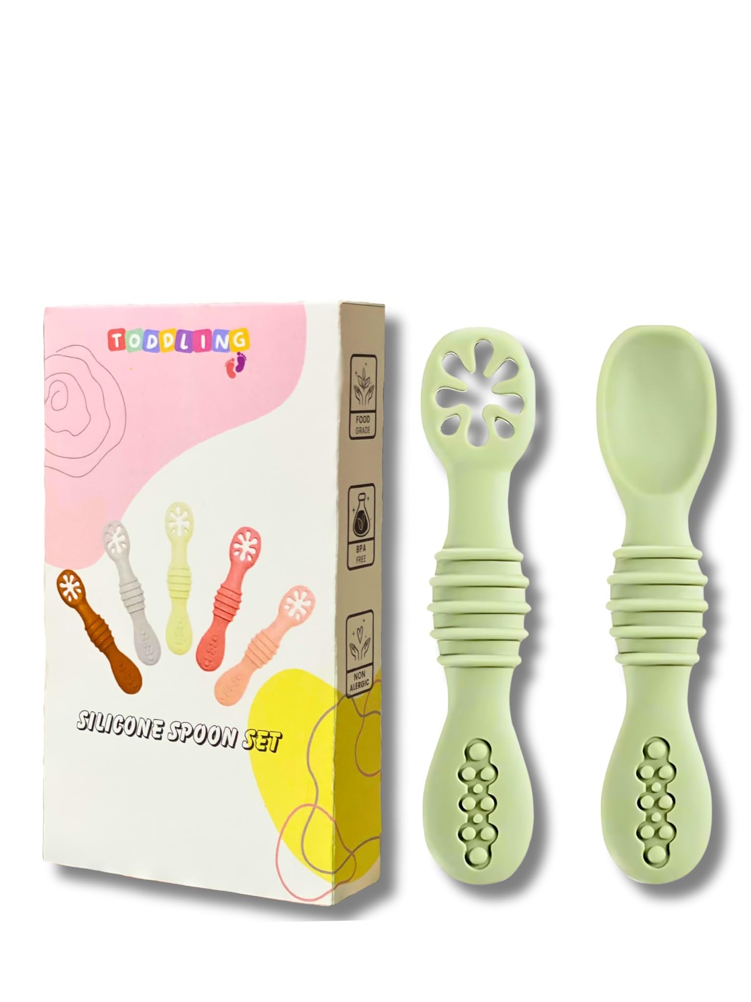 Toddling Silicone Baby Spoon Set, Infant Spoon 3-12 Months, Self-feeding Spoon, Dishwasher and Microwave Safe, First Stage Baby Led Weaning Spoon, Set of 2 (Spoon & Pre-spoon) (Sage), 2.5x11